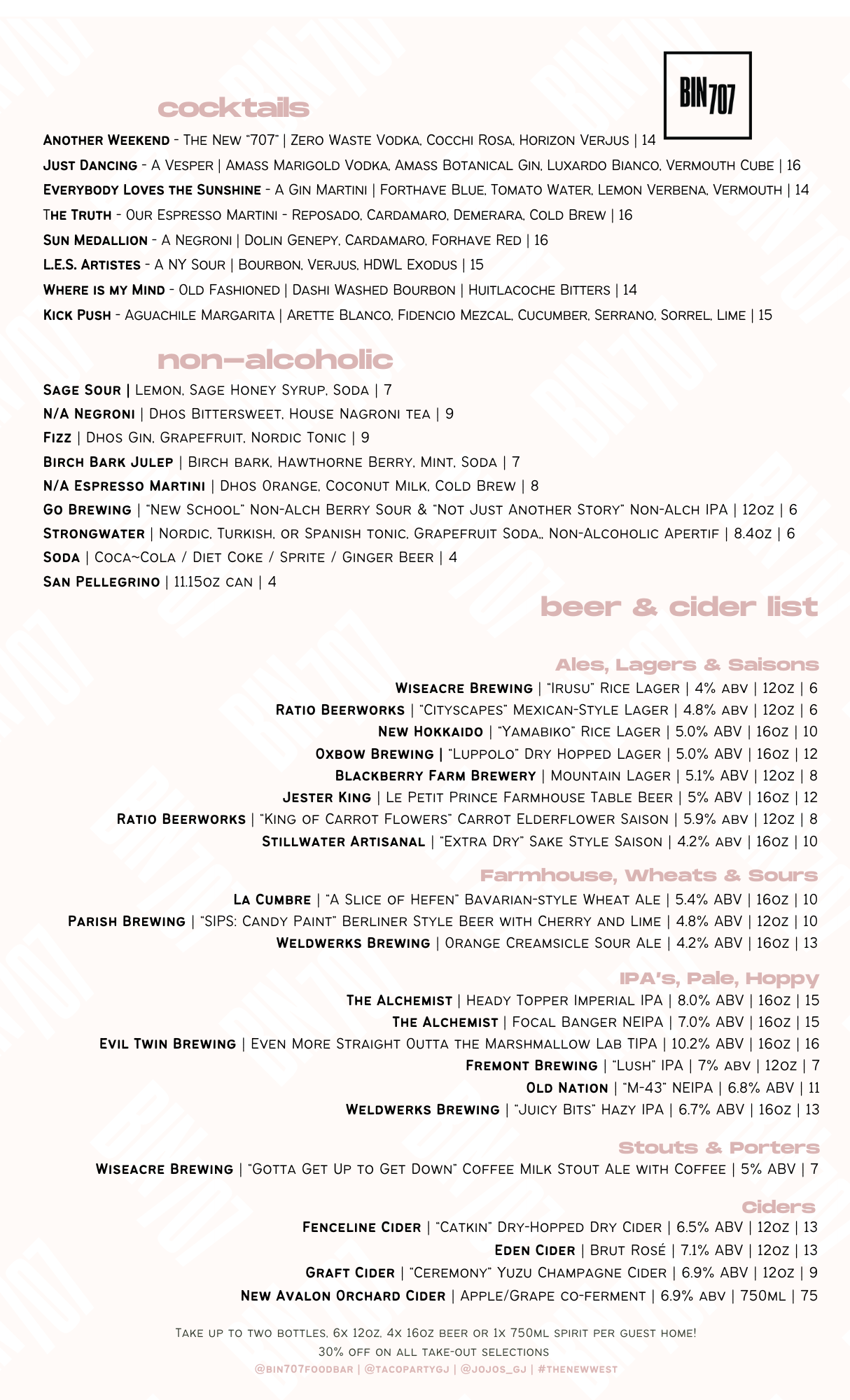 Menus — Bin 707 Foodbar