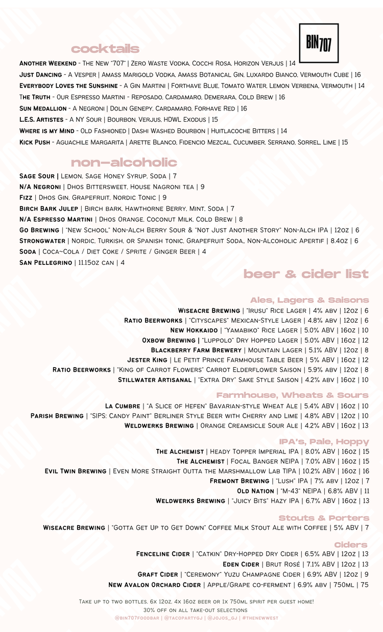 Menus — Bin 707 Foodbar