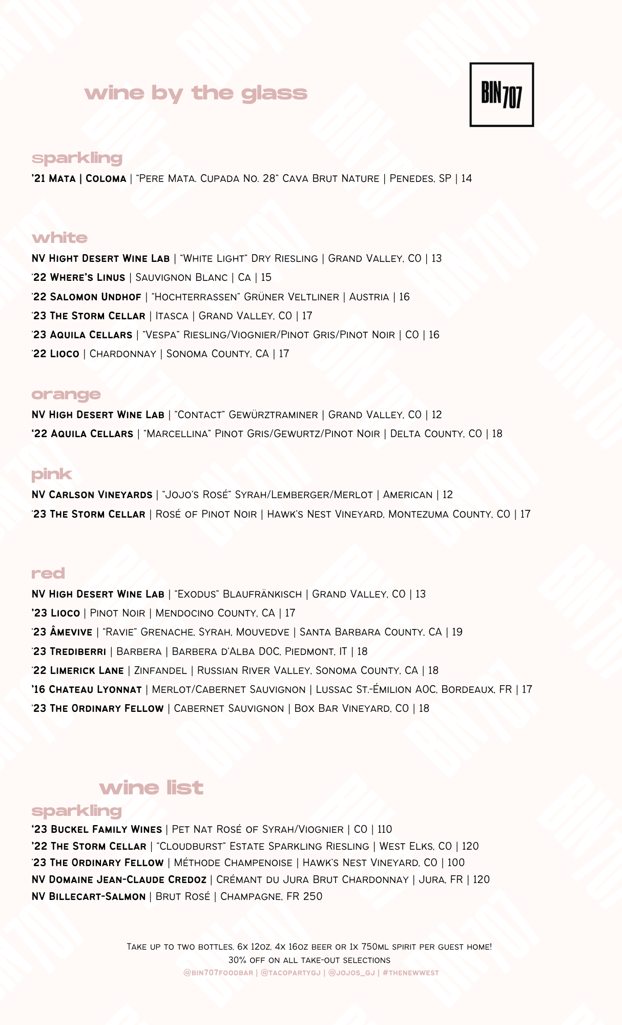 Menus — Bin 707 Foodbar