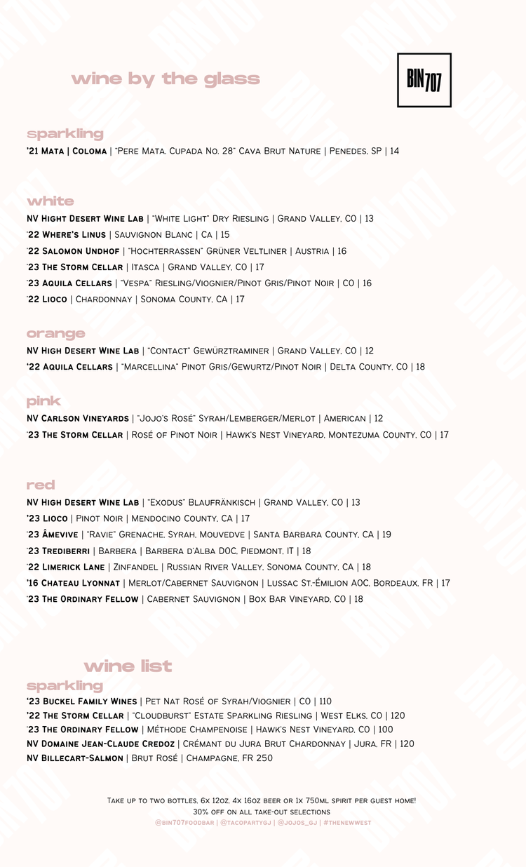 Menus — Bin 707 Foodbar