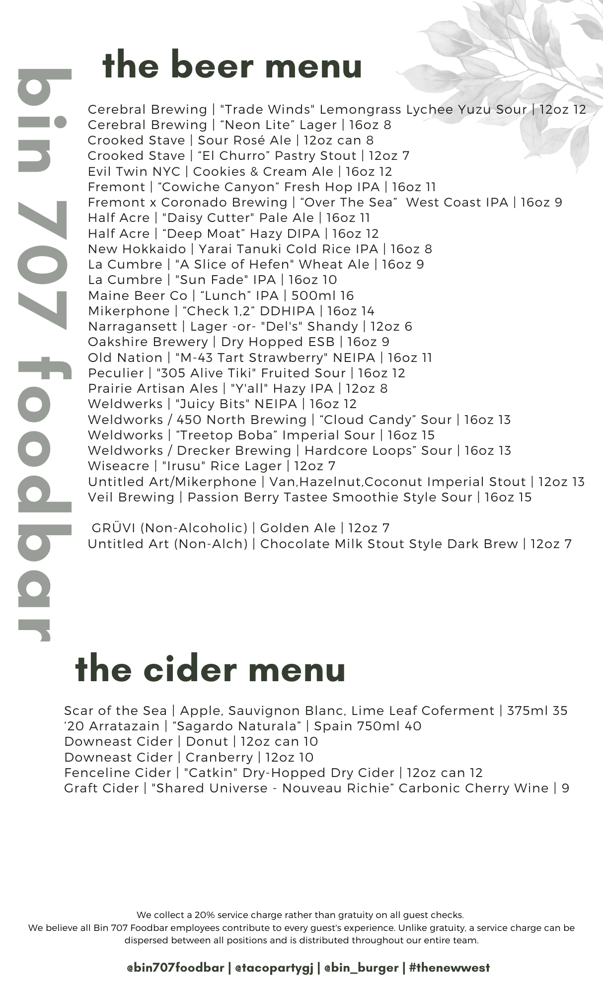 Menus — Bin 707 Foodbar