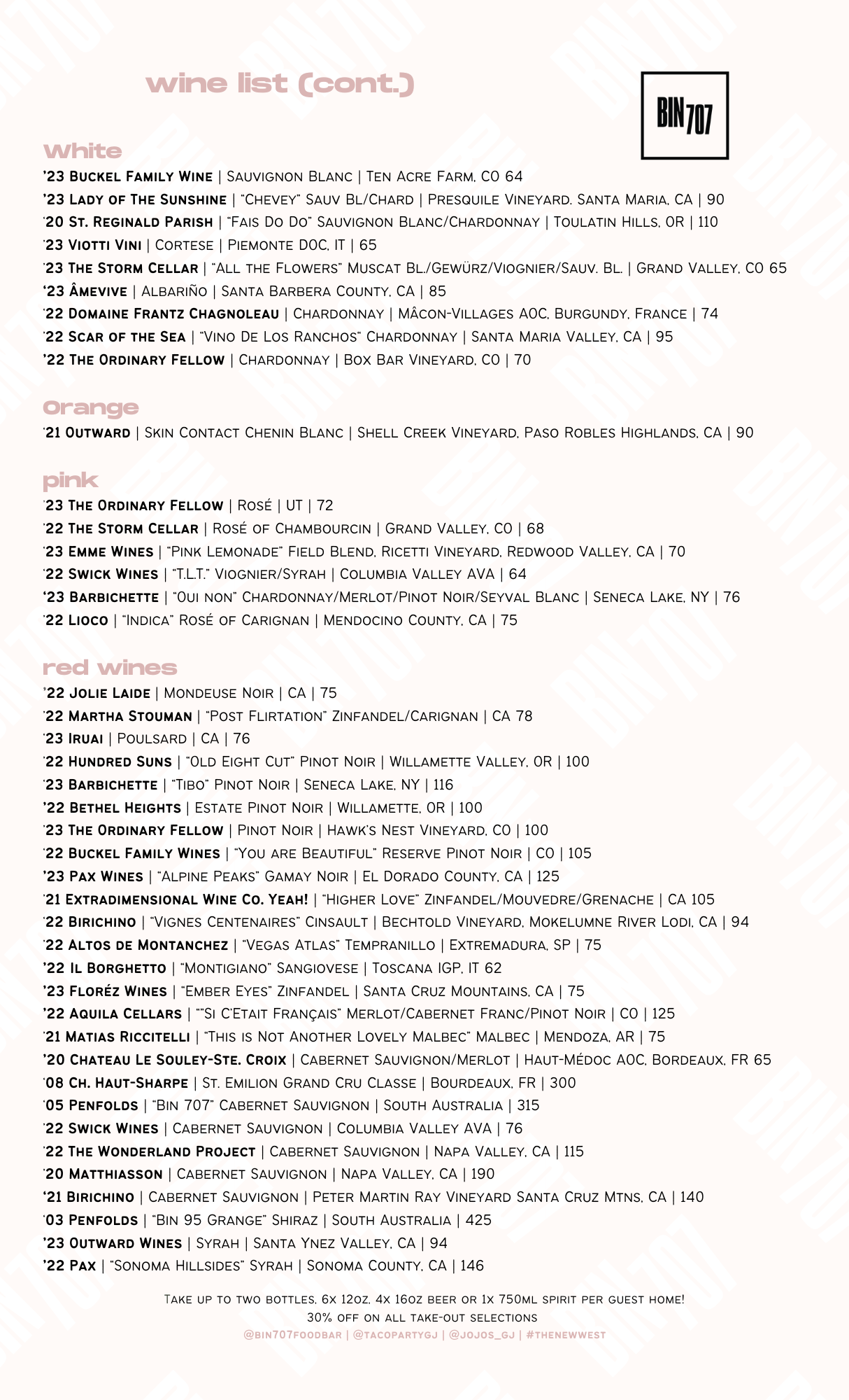 Menus — Bin 707 Foodbar