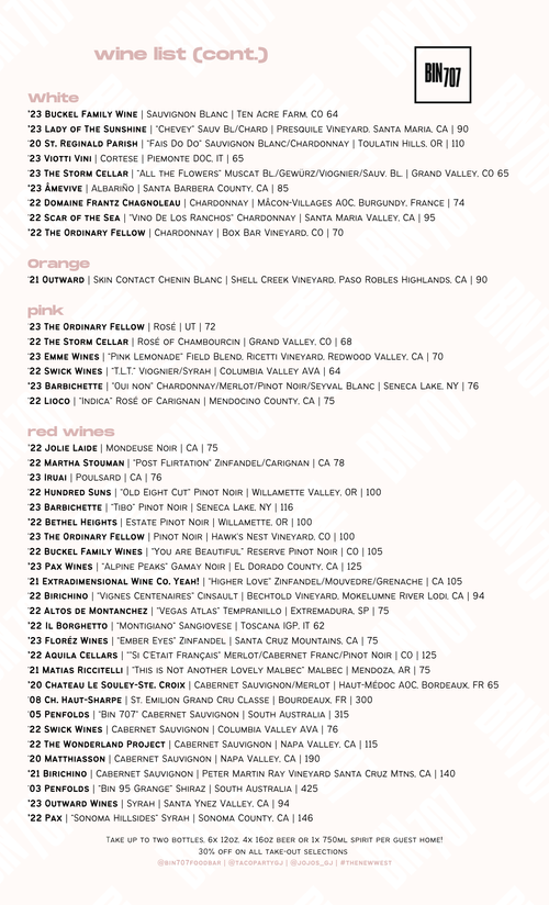 Menus — Bin 707 Foodbar