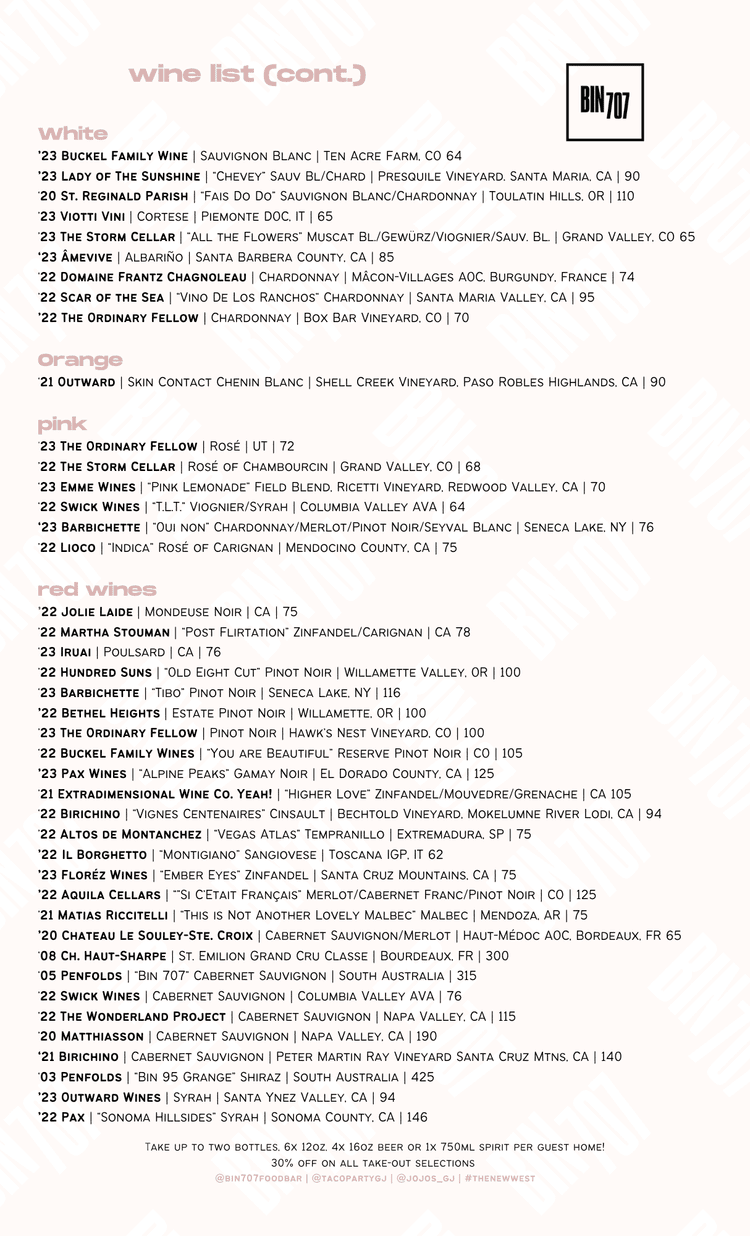 Menus — Bin 707 Foodbar