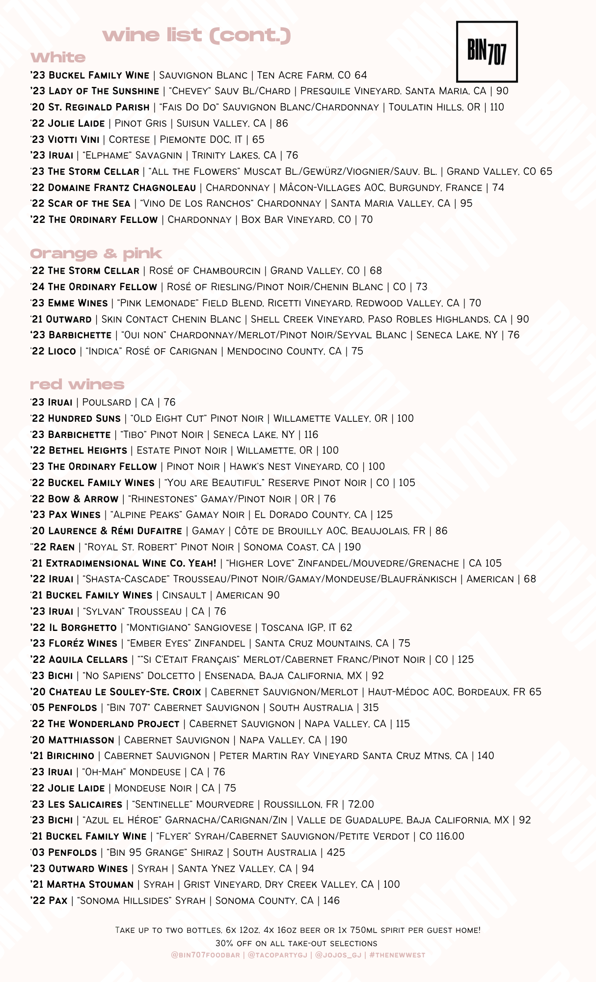 Menus — Bin 707 Foodbar