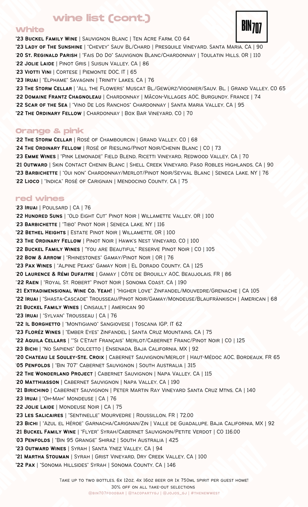 Menus — Bin 707 Foodbar