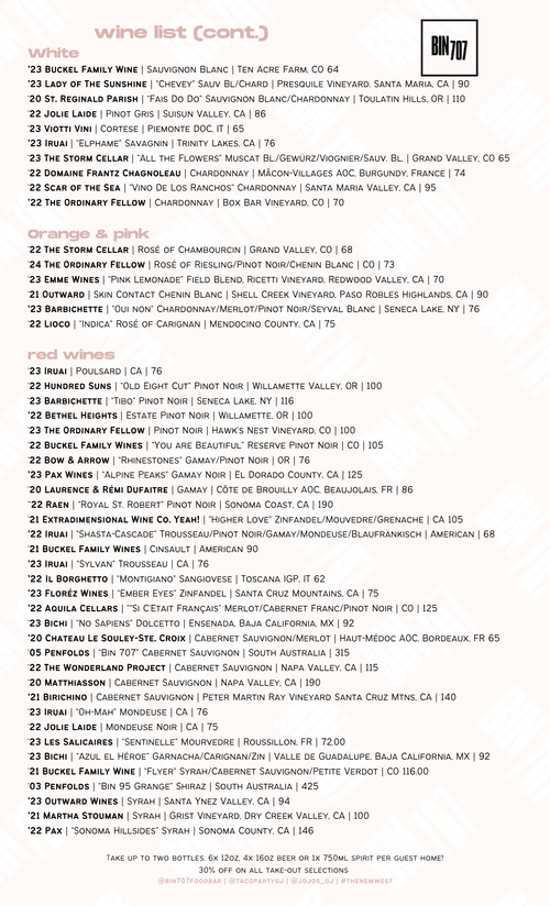 Menus — Bin 707 Foodbar