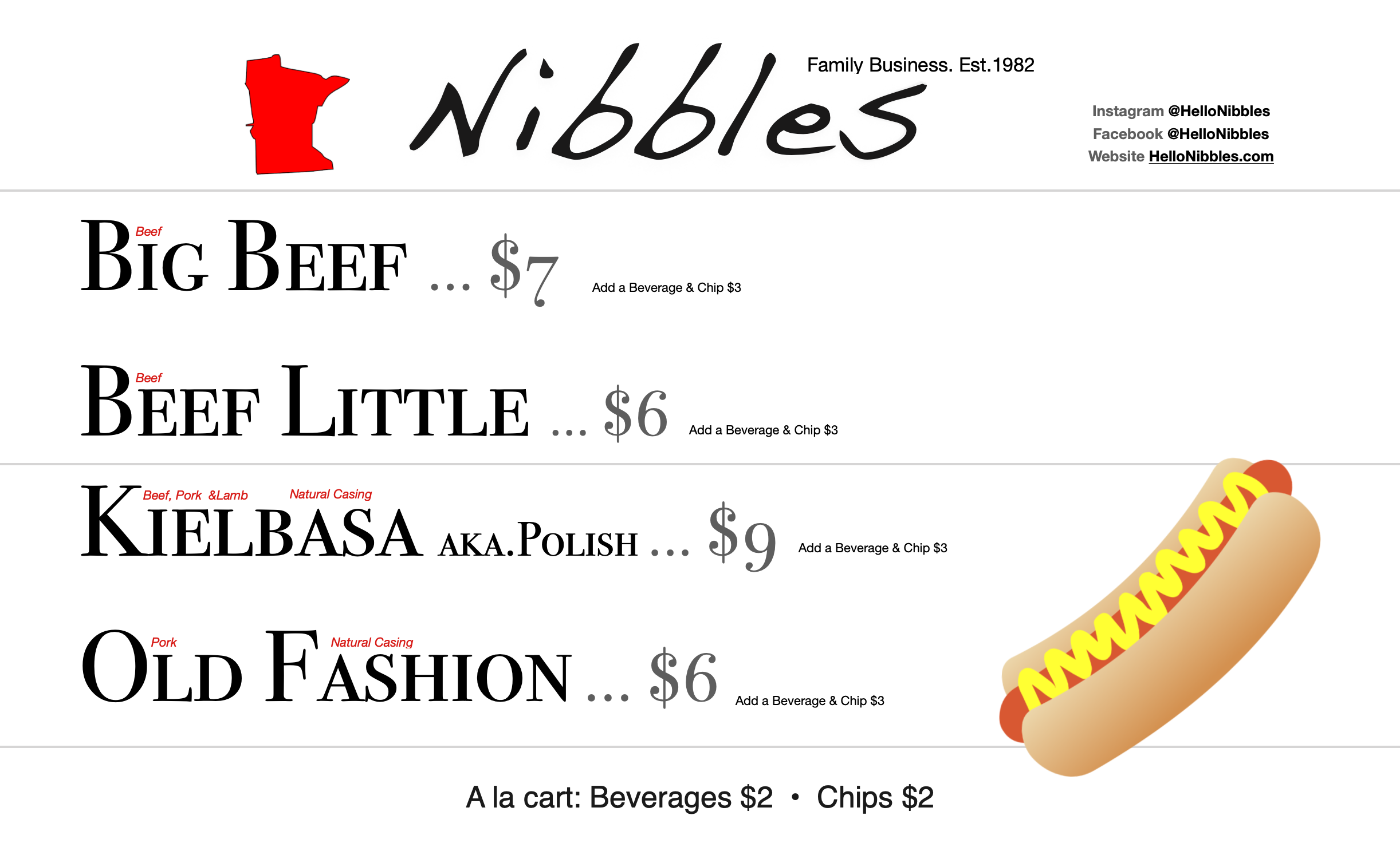 Nibbles Hot Dog Cart Menu — Nibbles & Nibbles Food Group