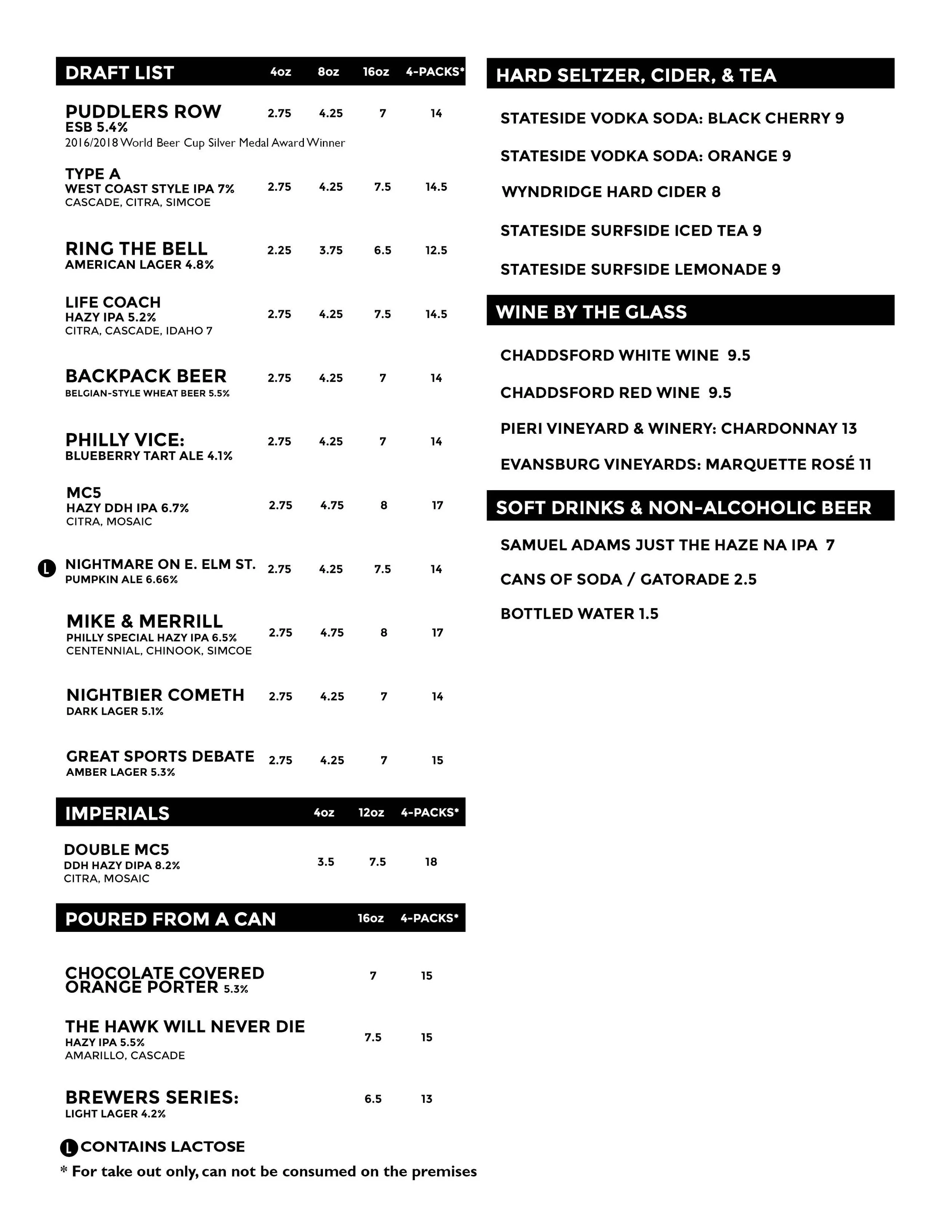 Tap Room Menu — Conshohocken Brewing Company