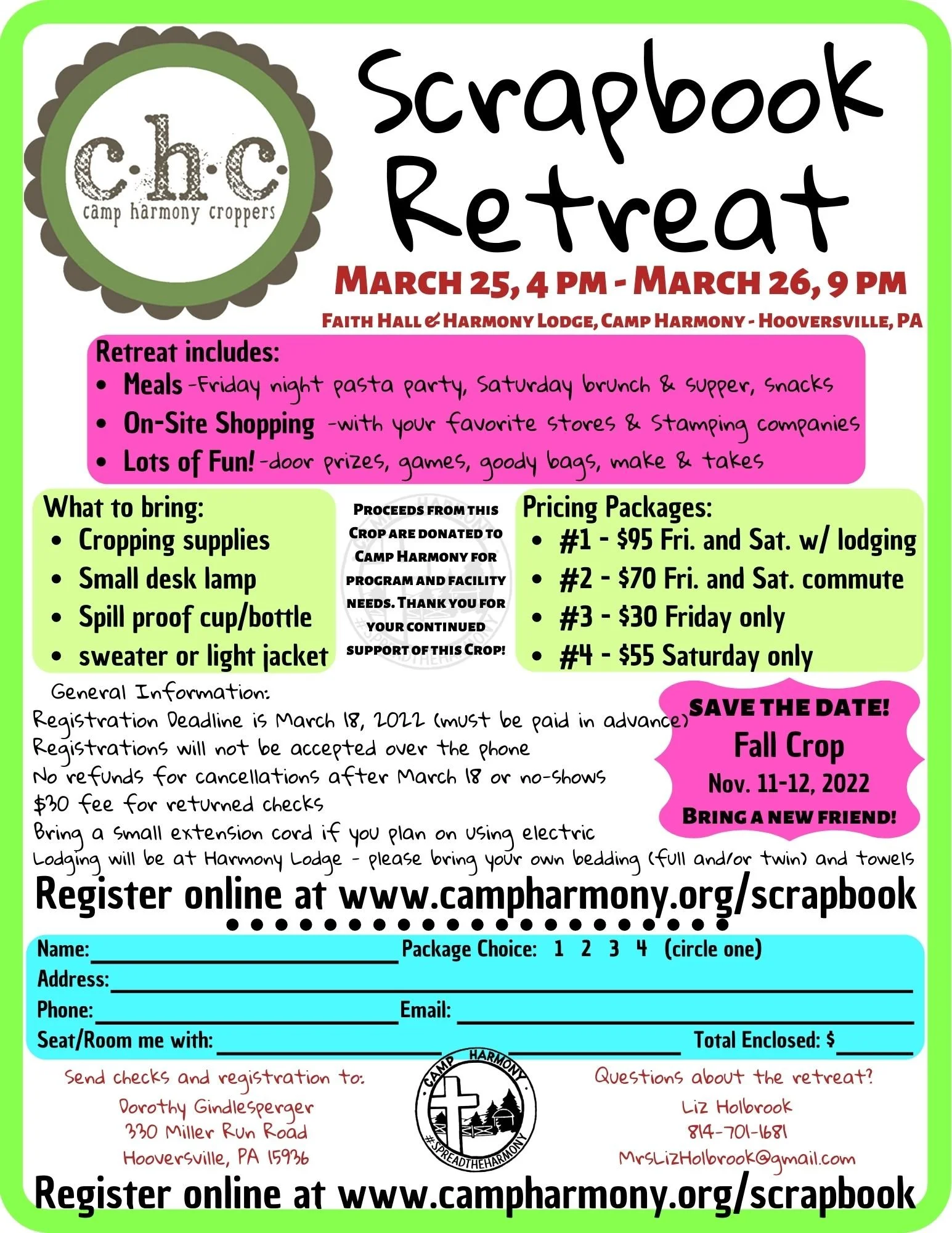 Spring Scrapbook Retreat — Camp Harmony Hooversville, PA 814.798.5885