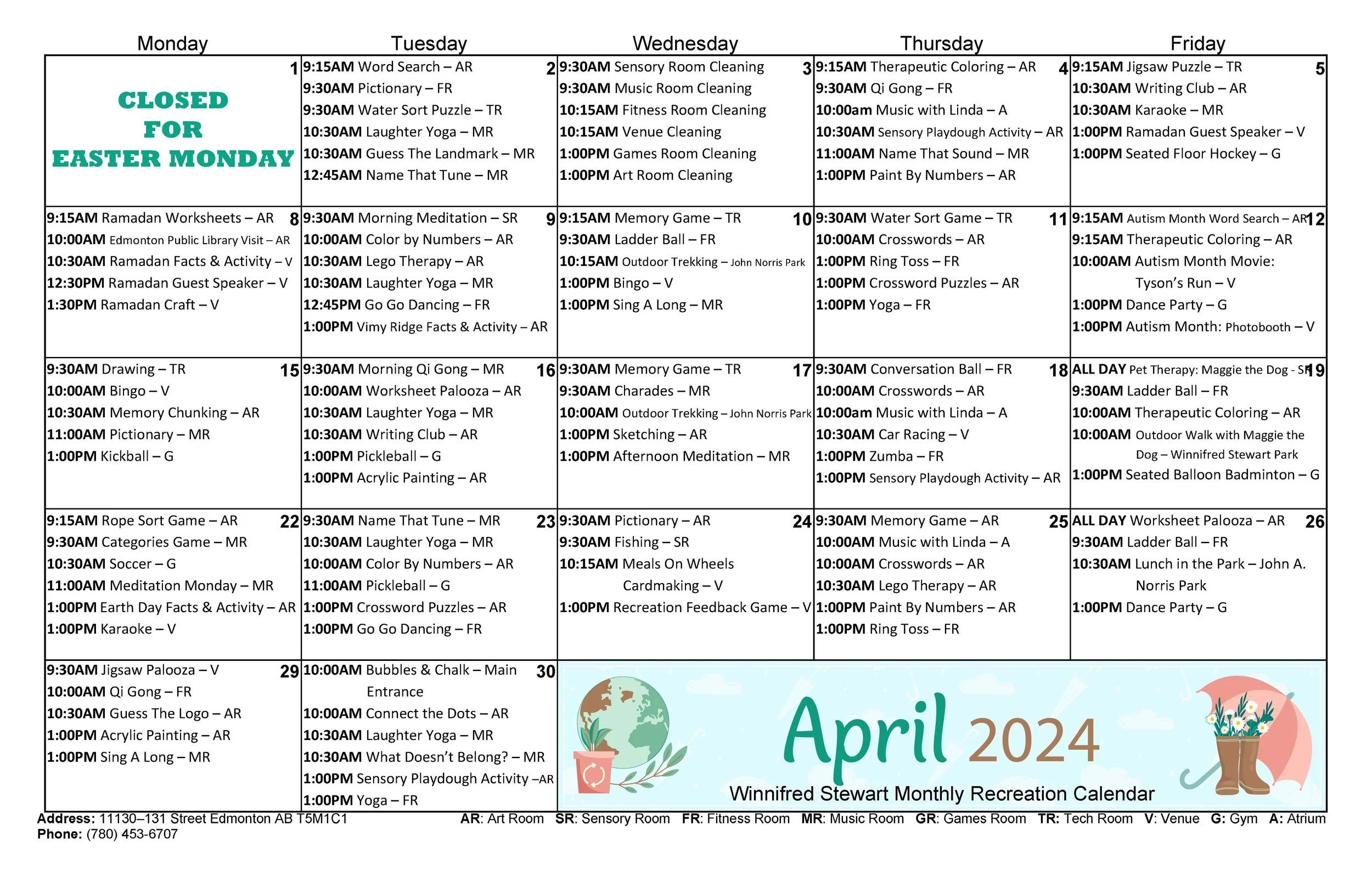 Monthly Recreation Calendar — Winnifred Stewart