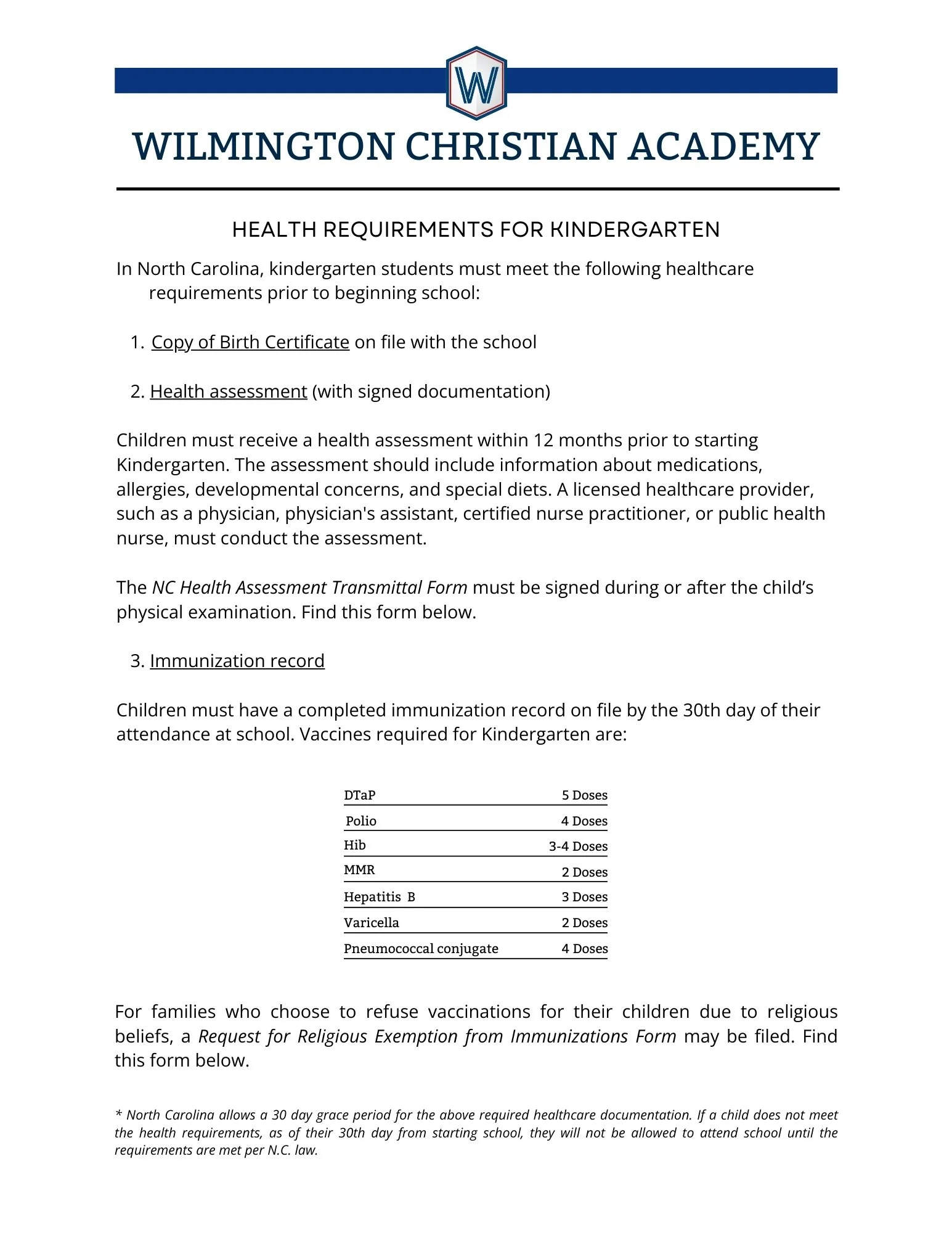 Kindergarten Forms — Wilmington Christian Academy - Private School