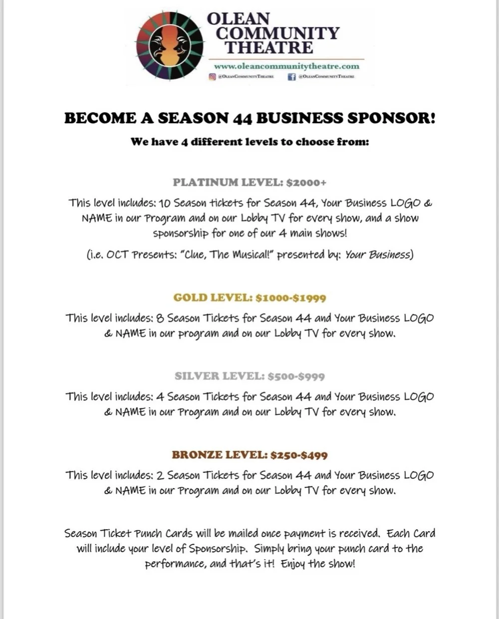 Ticket & Subscription Info — Olean Community Theatre