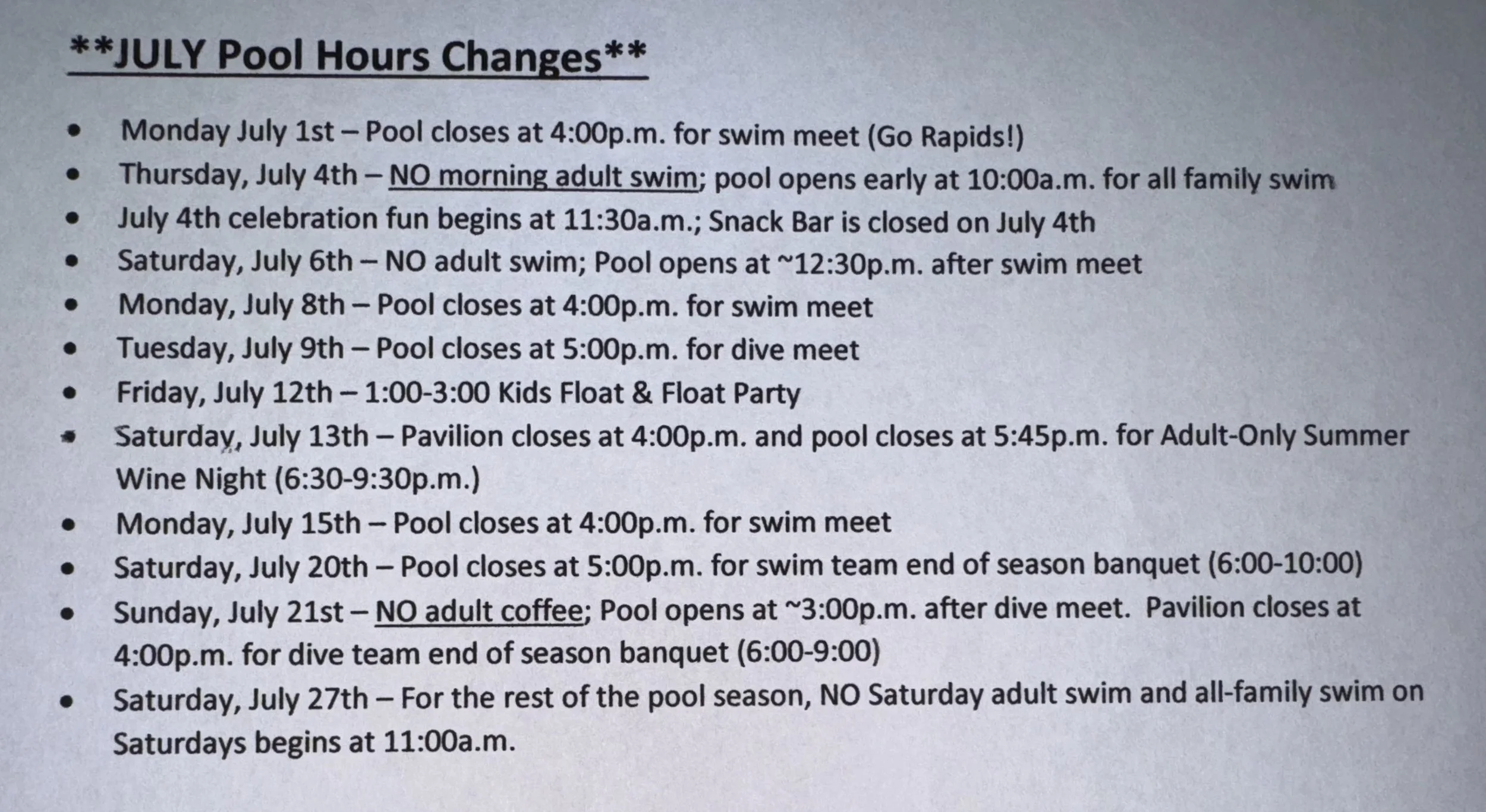 Pool Hours & Rules — Great Falls Swim & Tennis Club