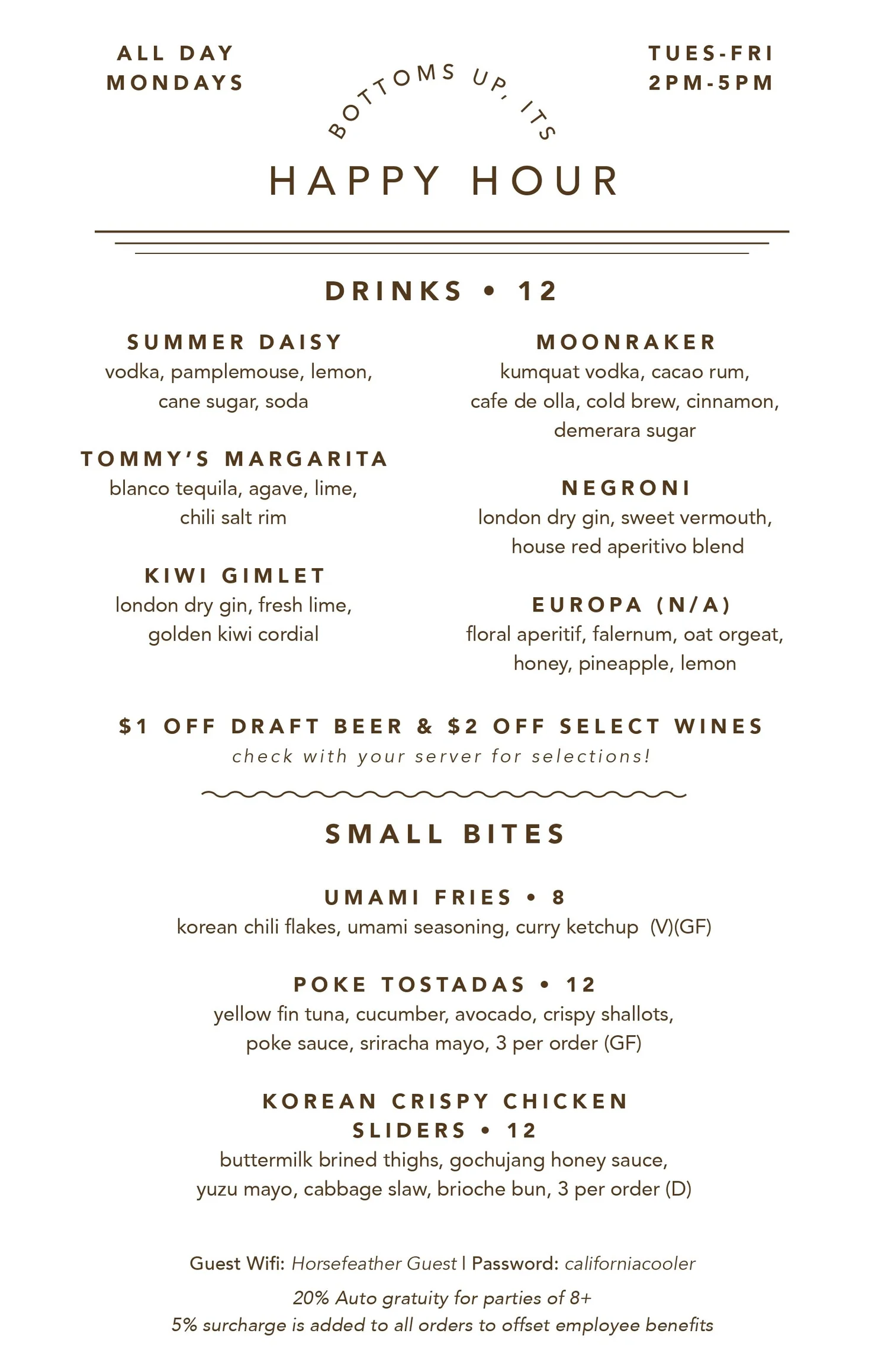 HAPPY HOUR MENU — Horsefeather