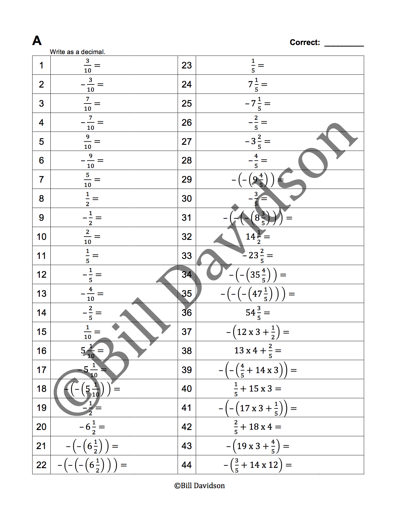 Fraction, Mixed Number, & Decimal Equivalency — The Davidson Group