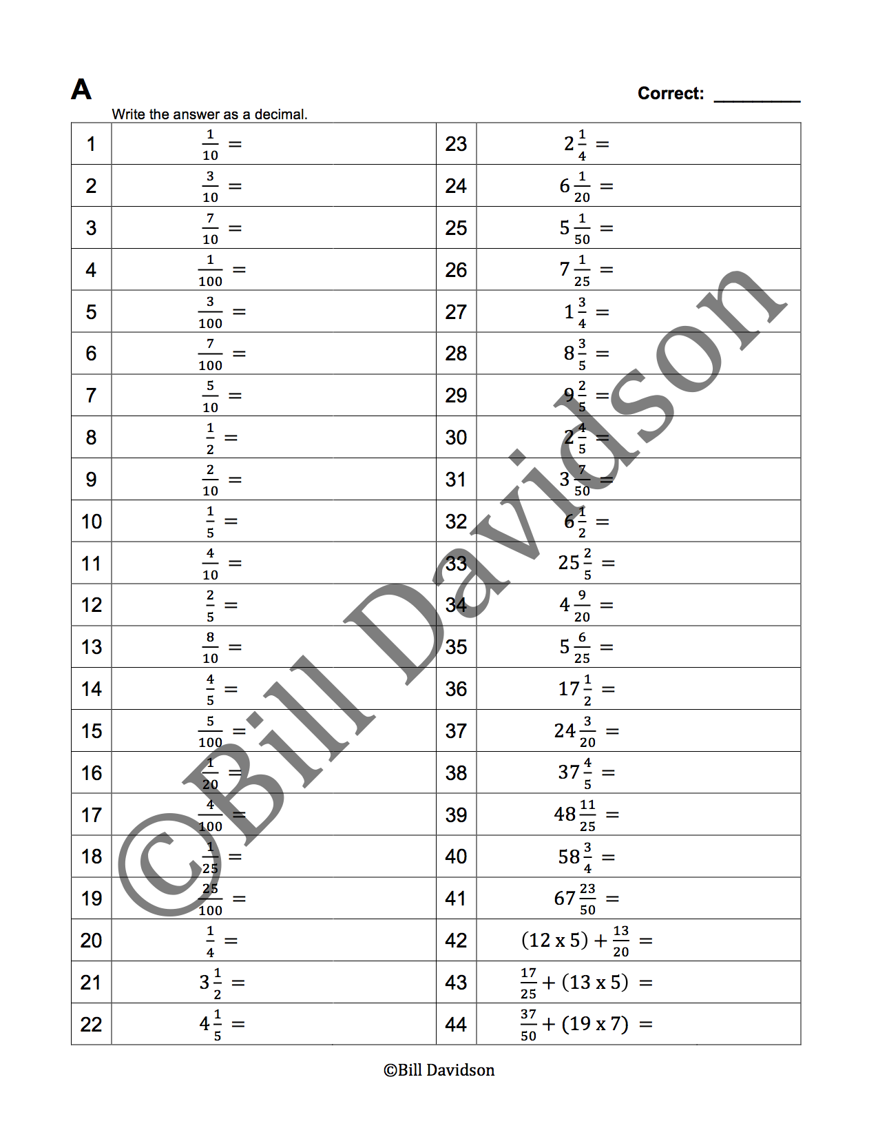 Fraction, Mixed Number, and Decimal Equivalency — The Davidson Group
