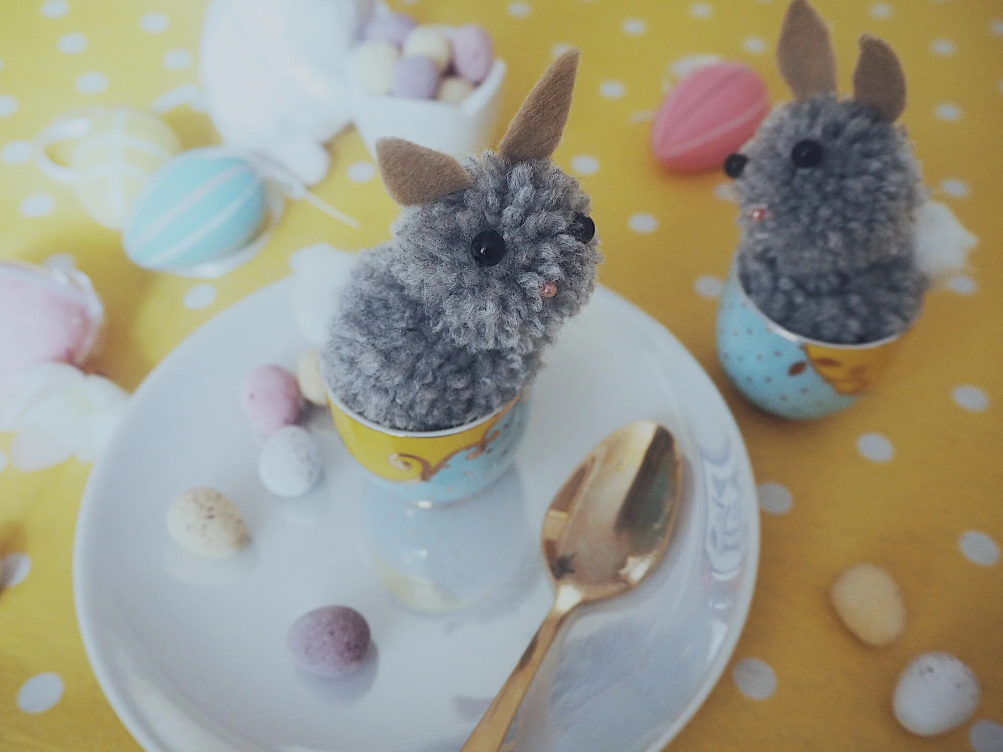Kids Easter Table Setting: Egg Cup Pom Pom Bunnies — MELANIE LISSACK ...