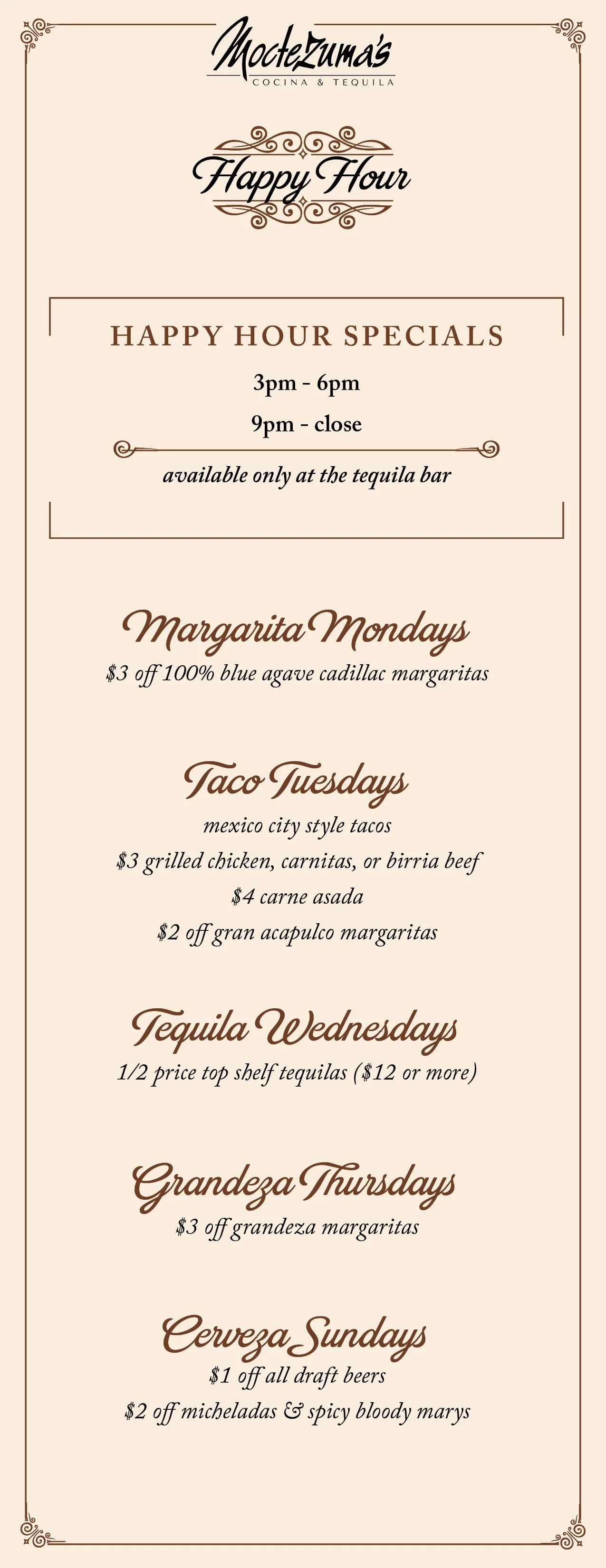 southcenter Tequila Bar Menu — Moctezuma's Mexican Restaurant and ...