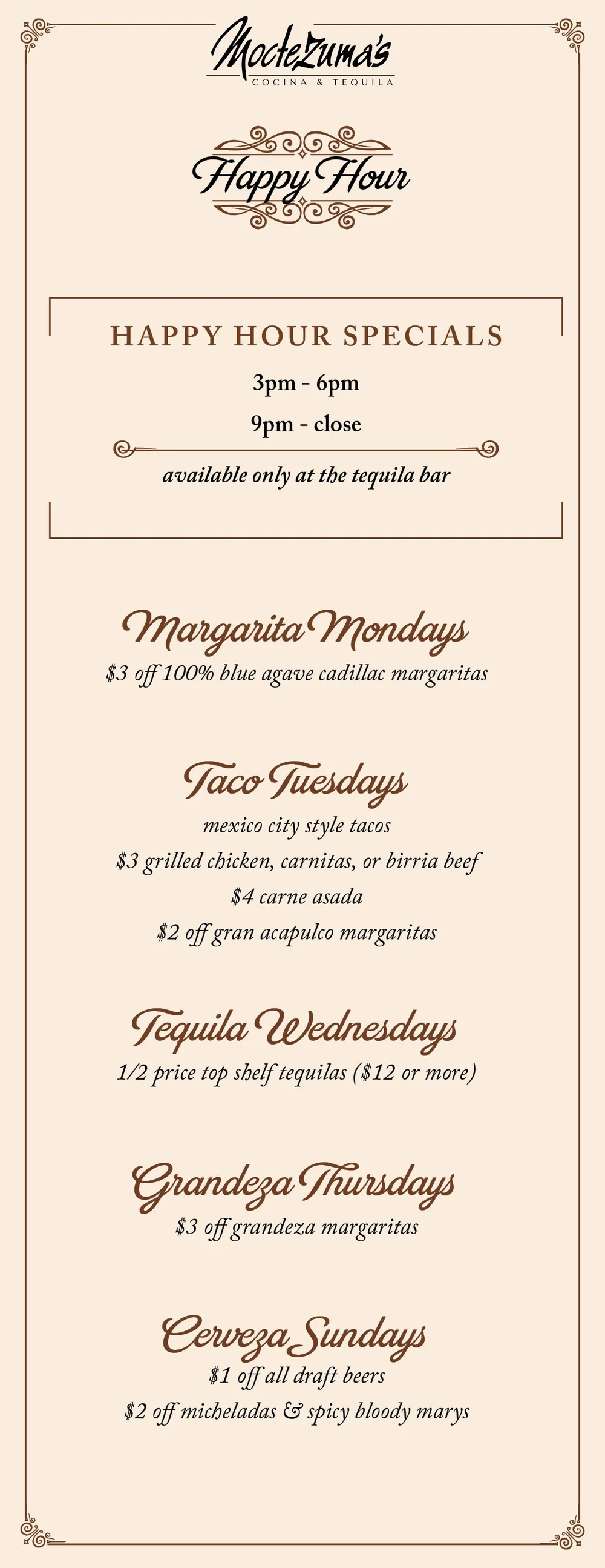 southcenter Tequila Bar Menu — Moctezuma's Mexican Restaurant and ...