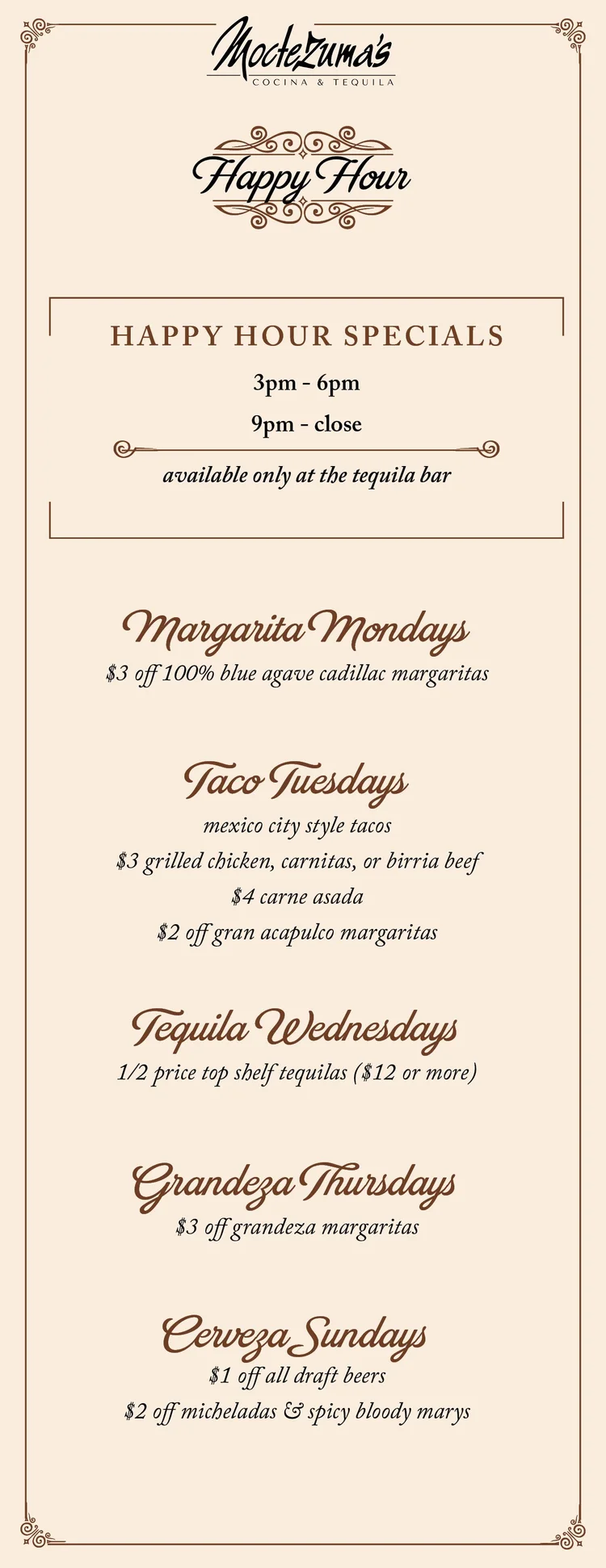southcenter Tequila Bar Menu — Moctezuma's Mexican Restaurant and ...