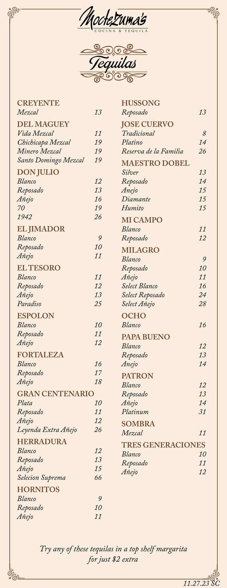 southcenter Tequila Bar Menu — Moctezuma's Mexican Restaurant and ...