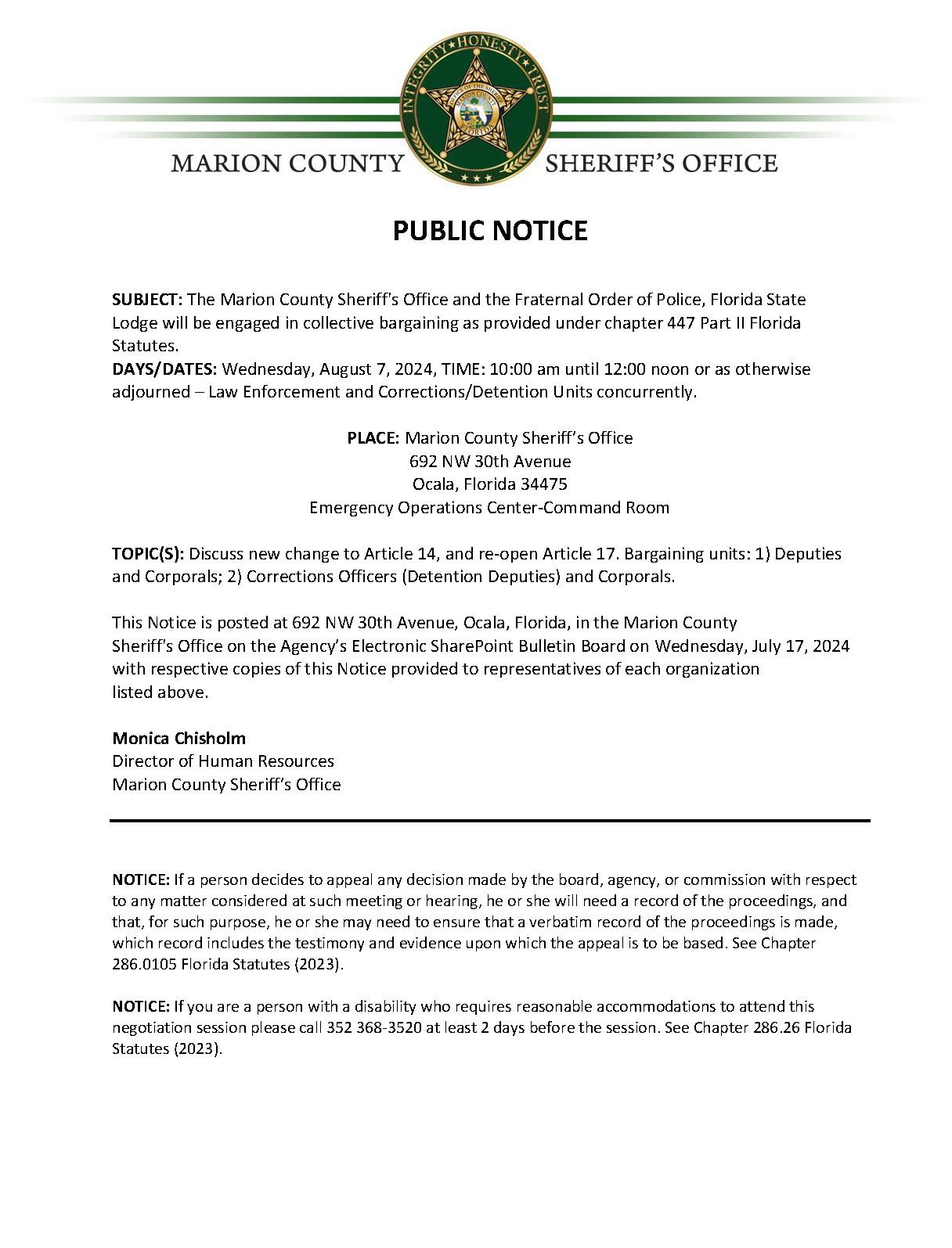 Public Notice — Marion County Sheriff's Office