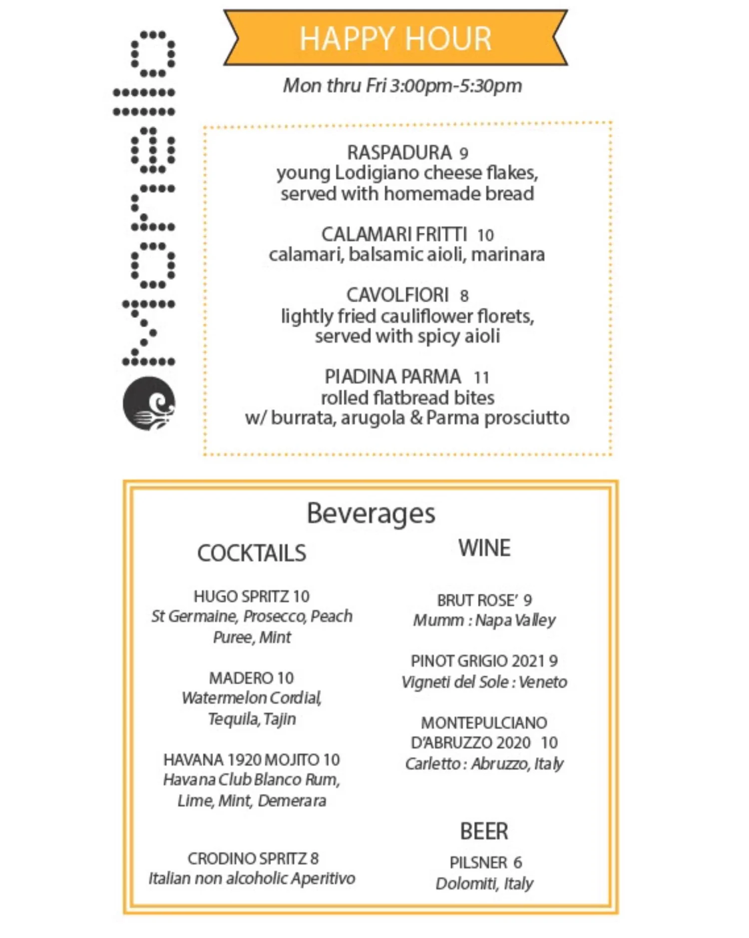 Bar Menu — Monello Italian Restaurant