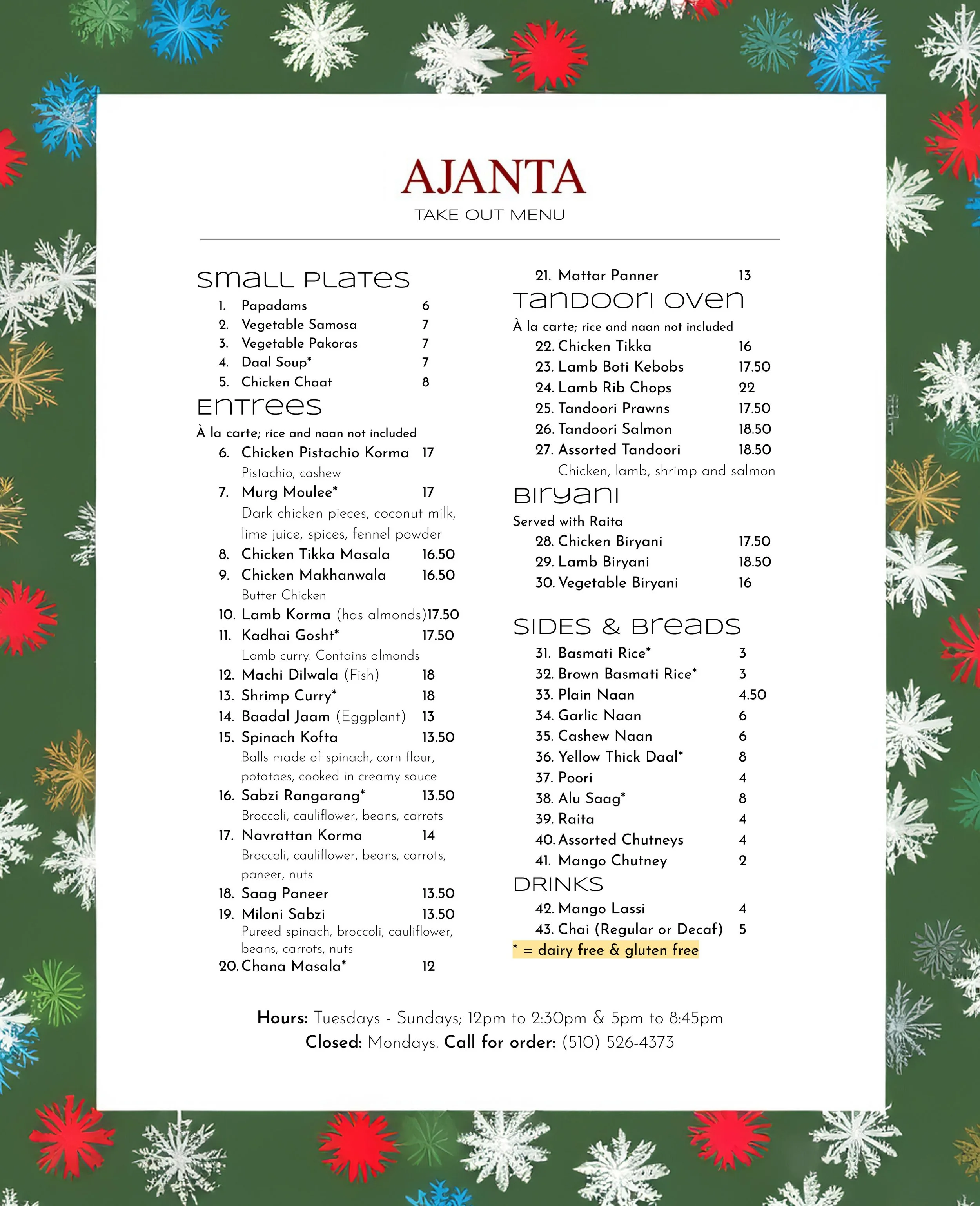 Take Out Menu — Ajanta Restaurant