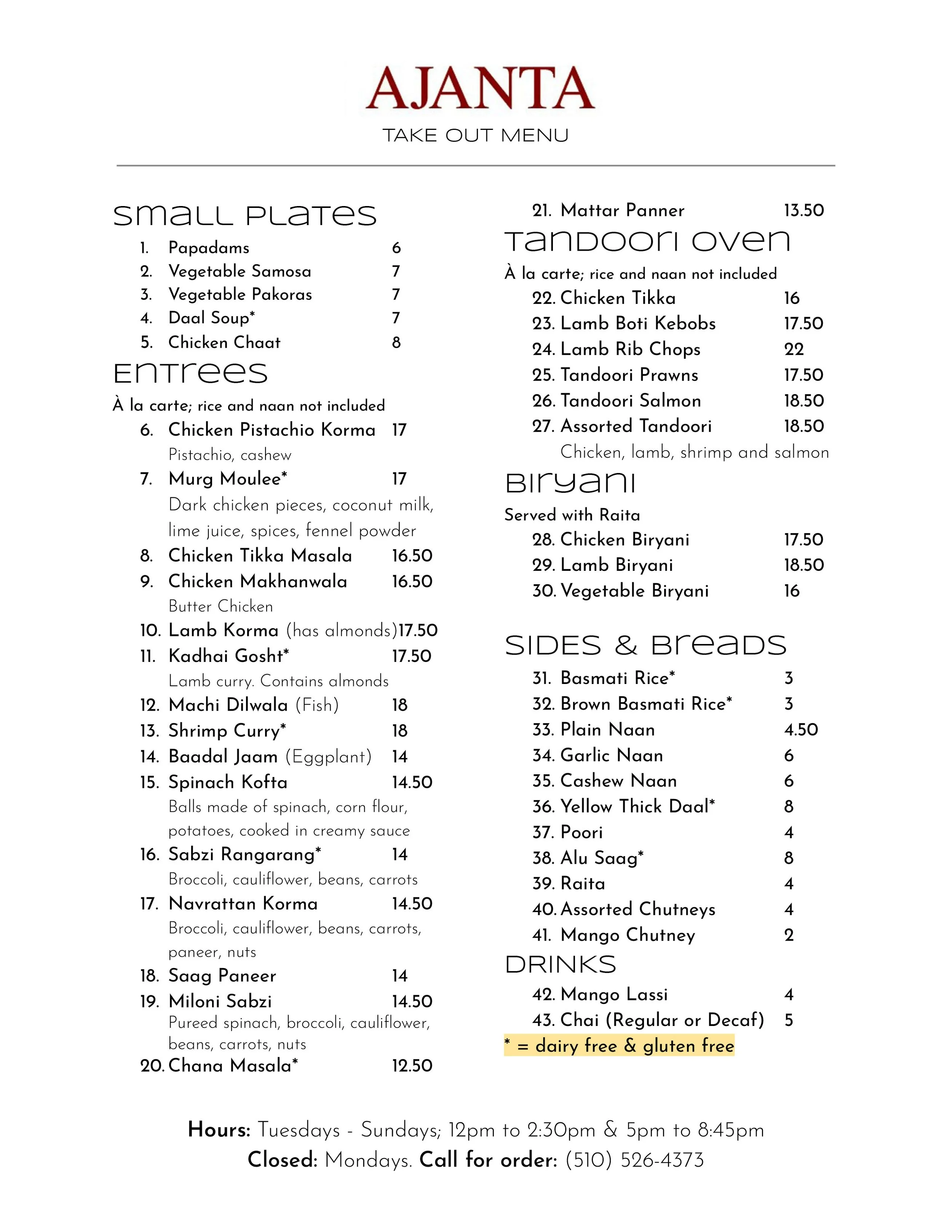 Take Out Menu — Ajanta Restaurant