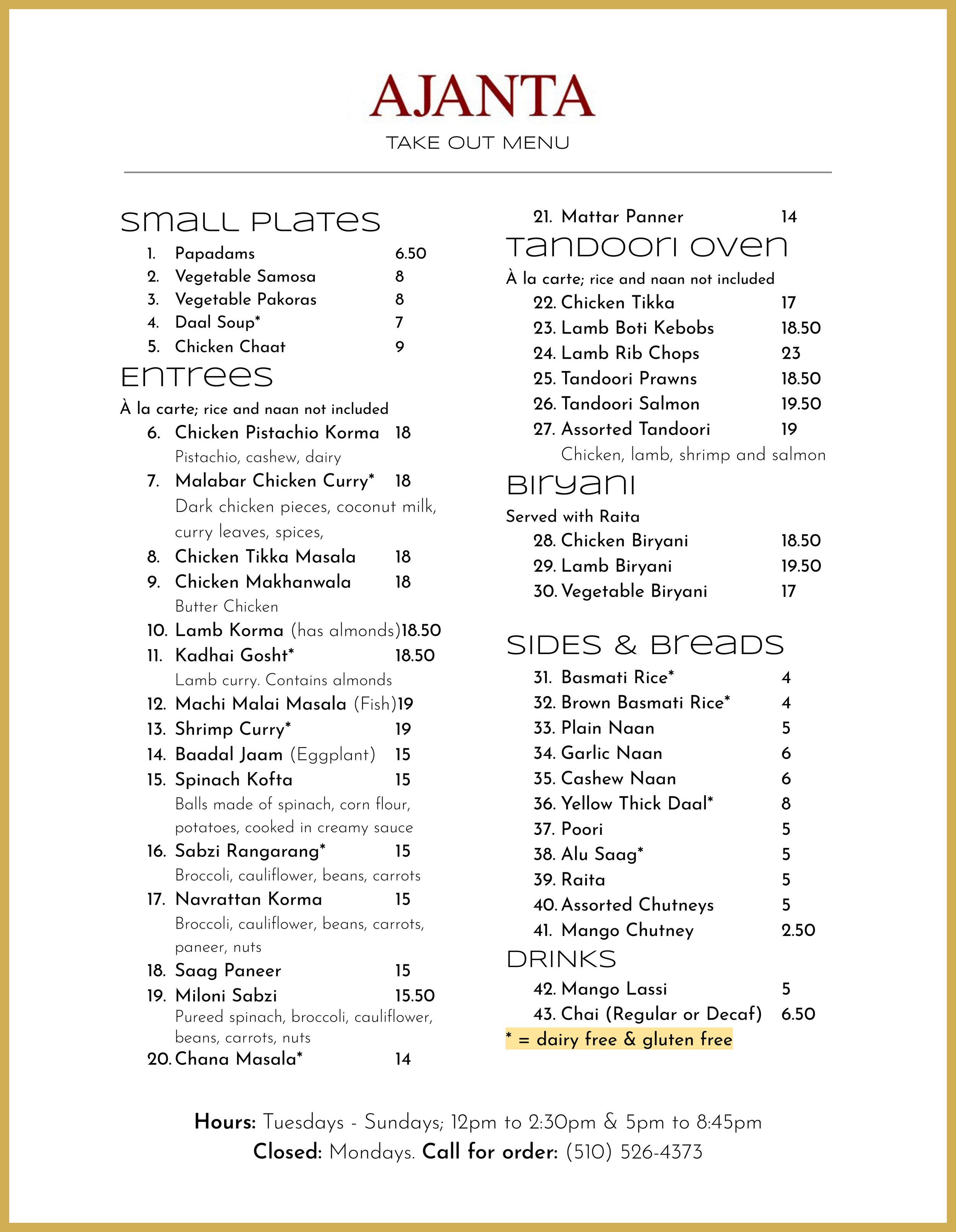 Take Out Menu — Ajanta Restaurant