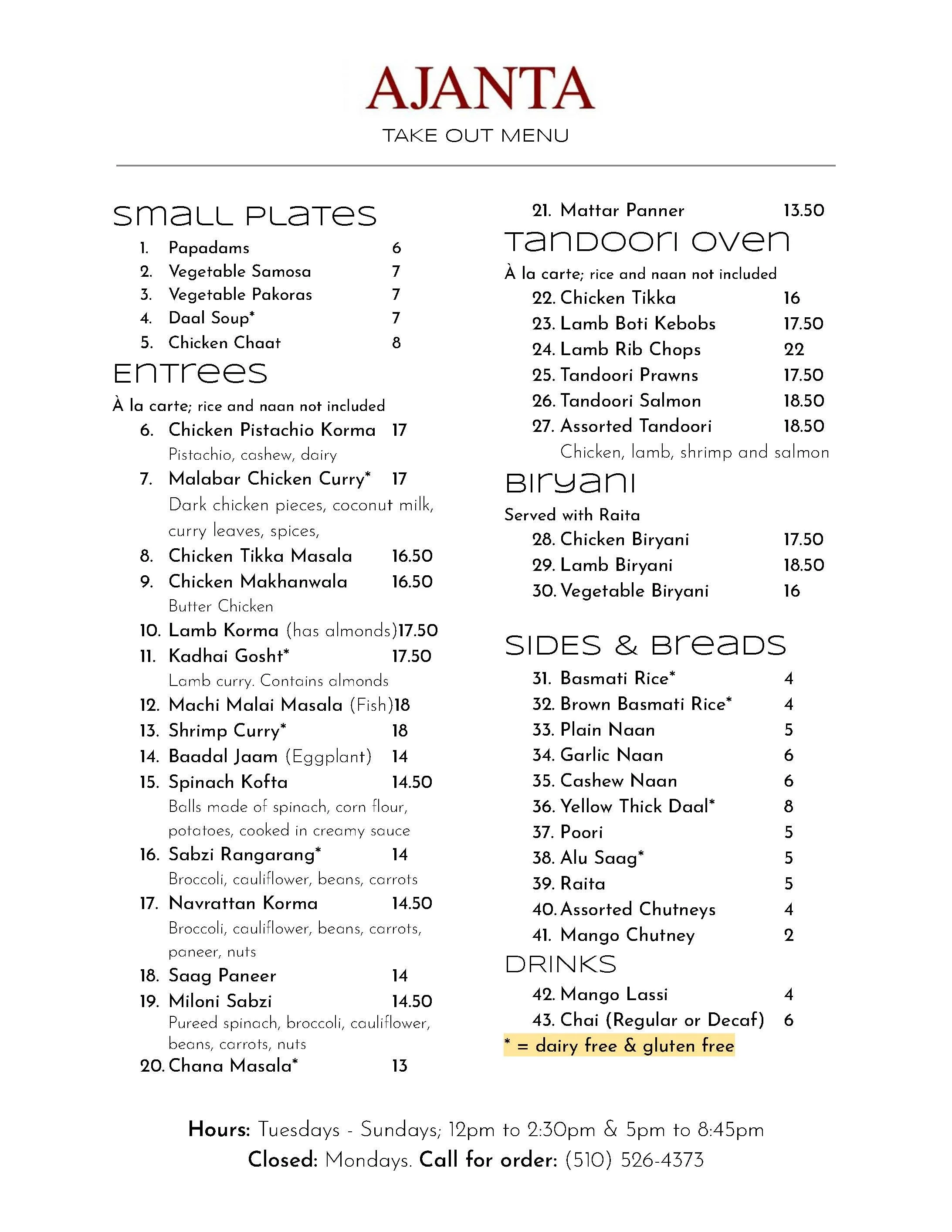 Take Out Menu — Ajanta Restaurant
