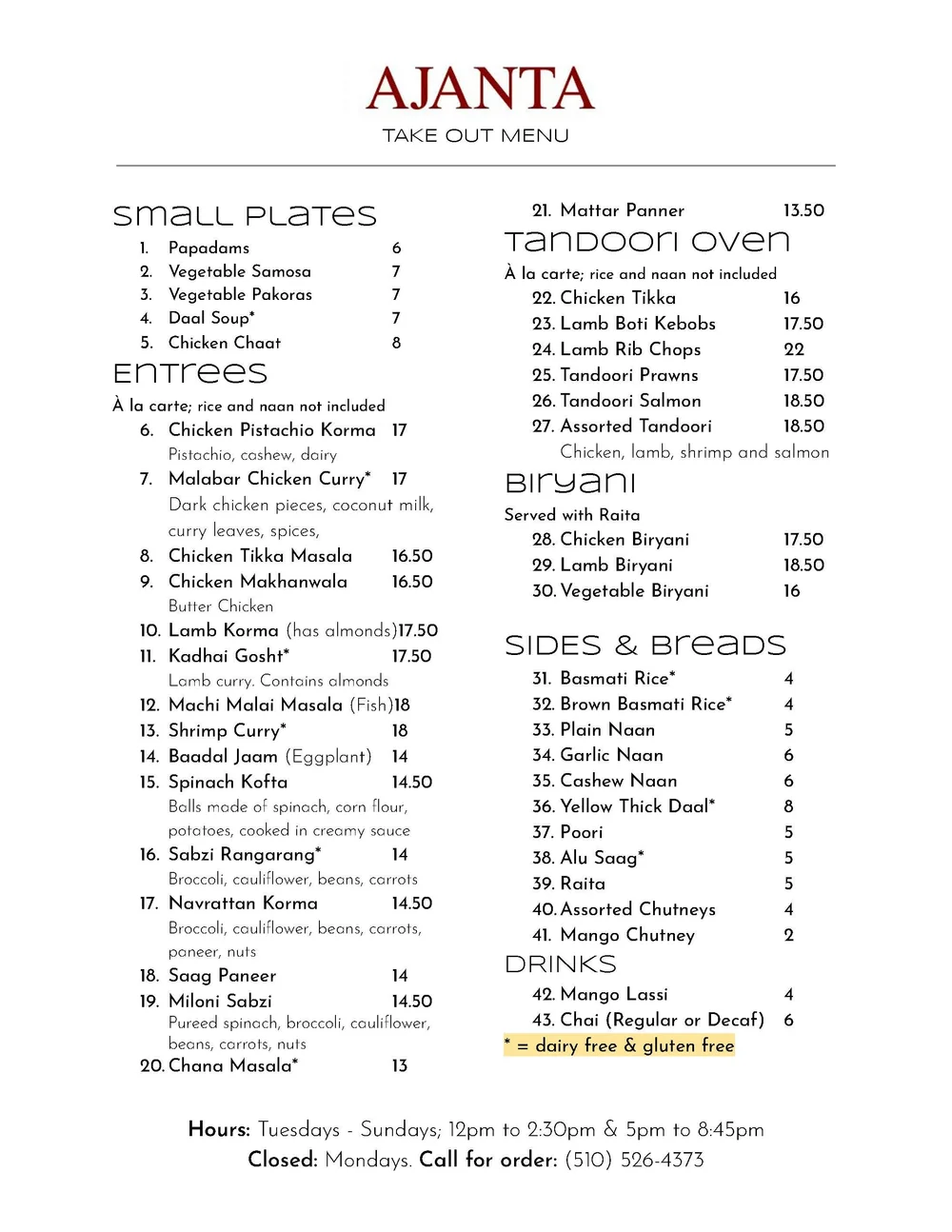 Take Out Menu — Ajanta Restaurant