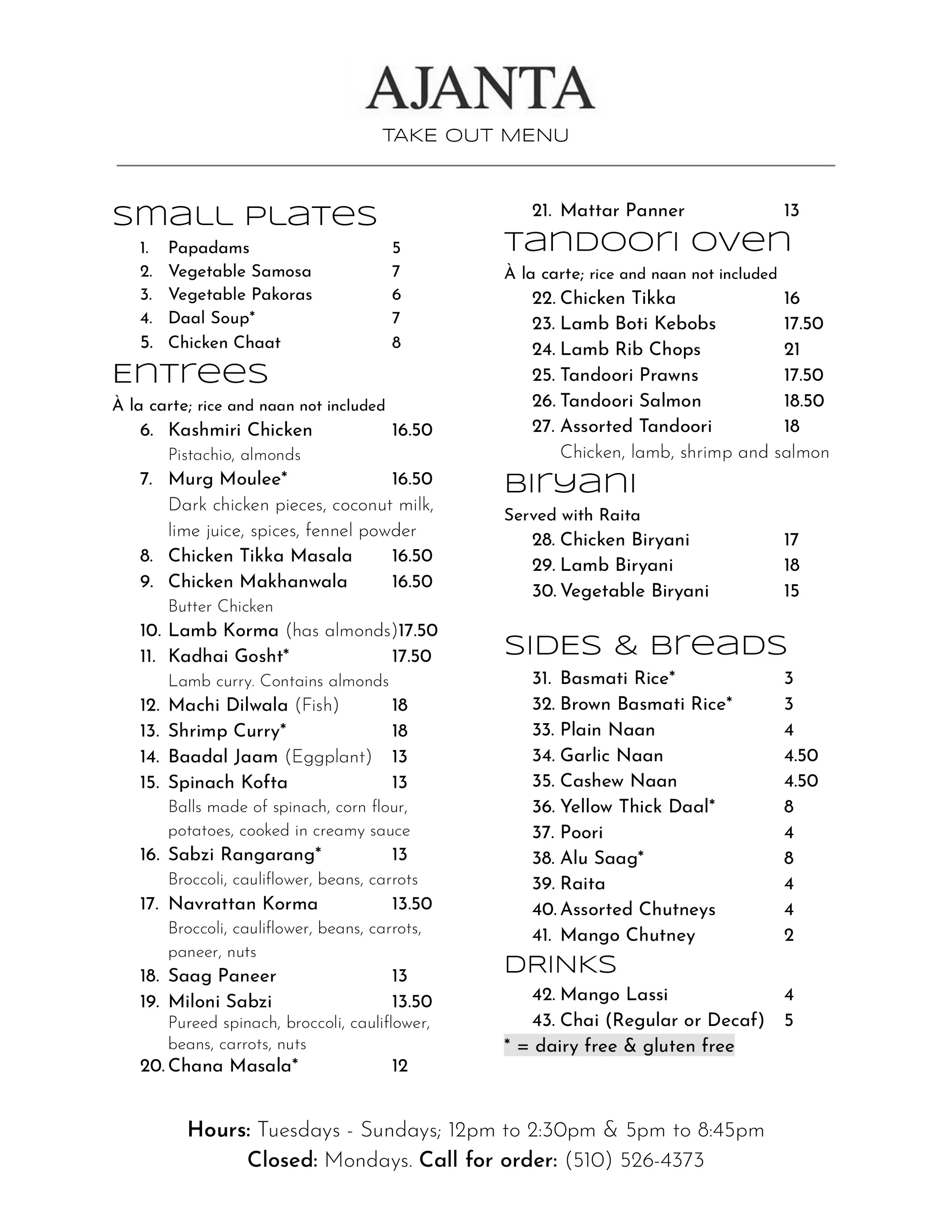 Take Out Menu — Ajanta Restaurant