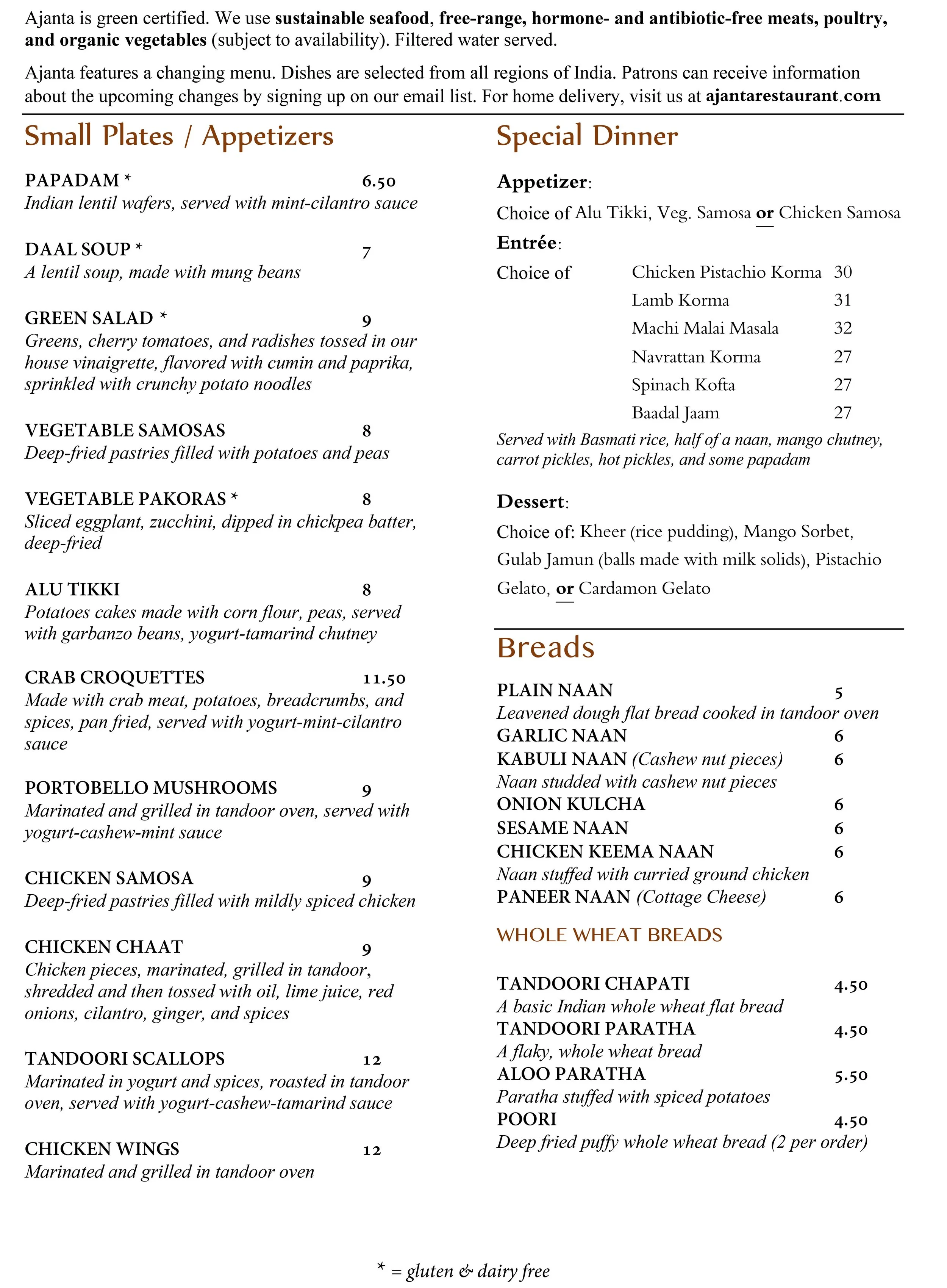 Dine-in Menu — Ajanta Restaurant