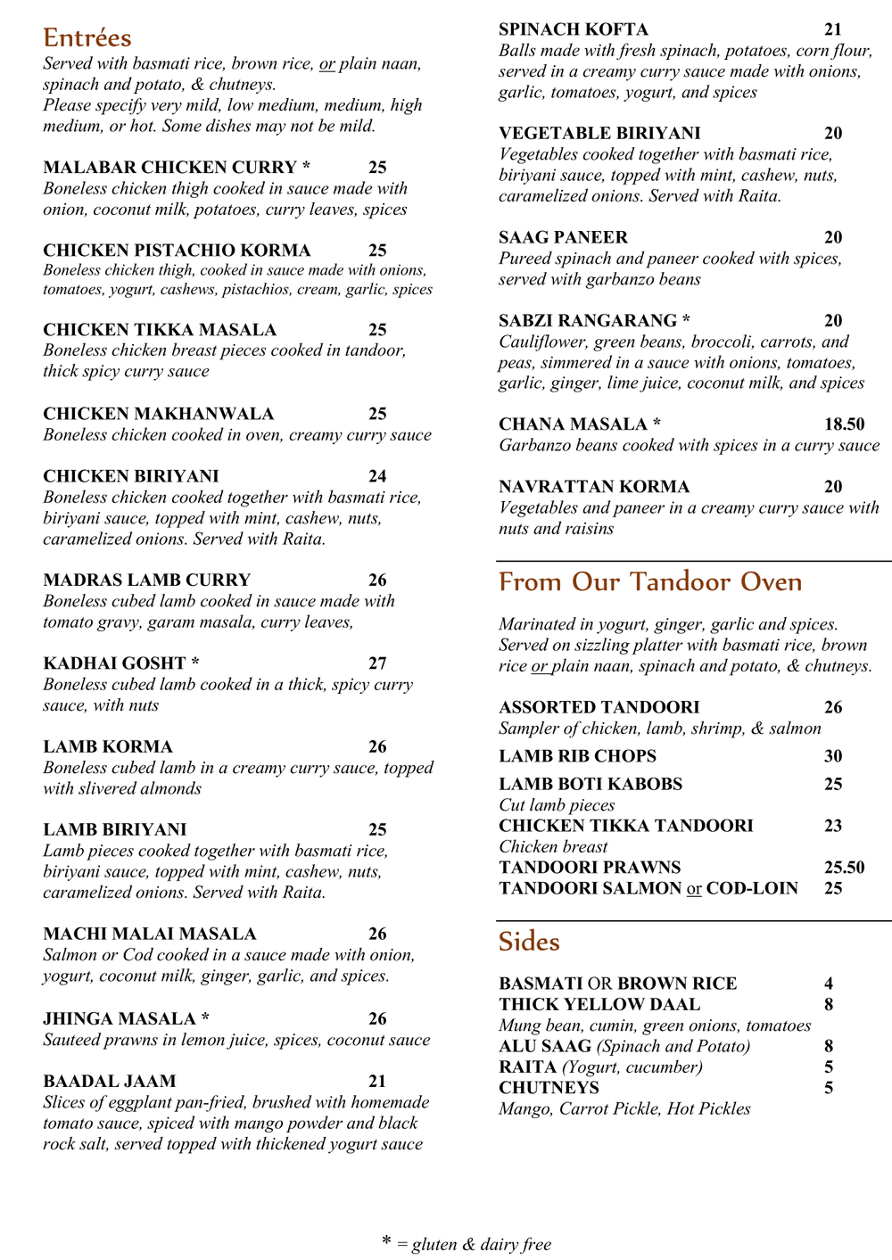 Dinner Menu — Ajanta Restaurant