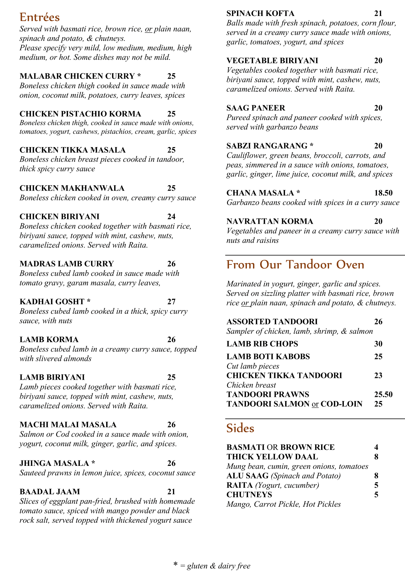 Dinner Menu — Ajanta Restaurant