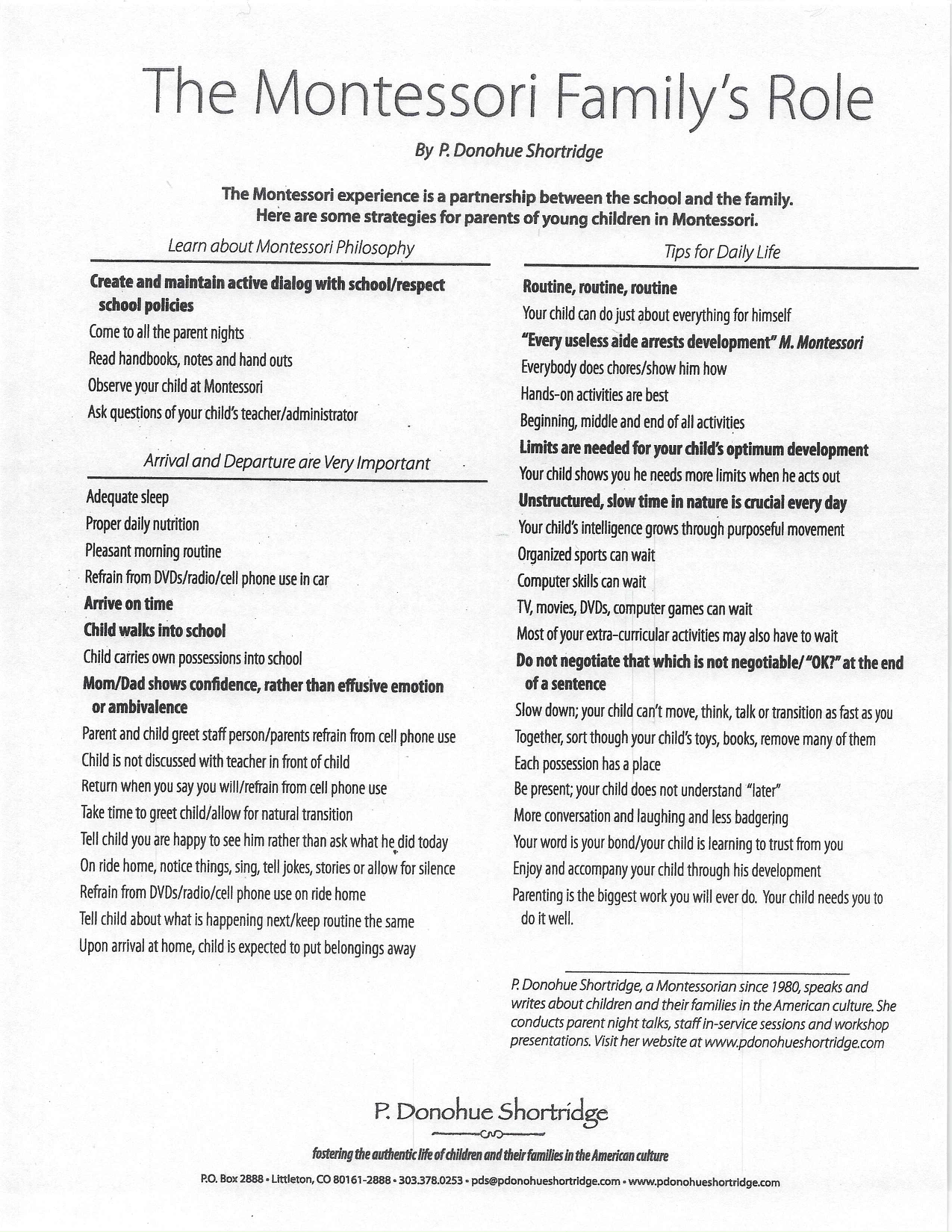Montessori School of Marion The Montessori Parent's Role