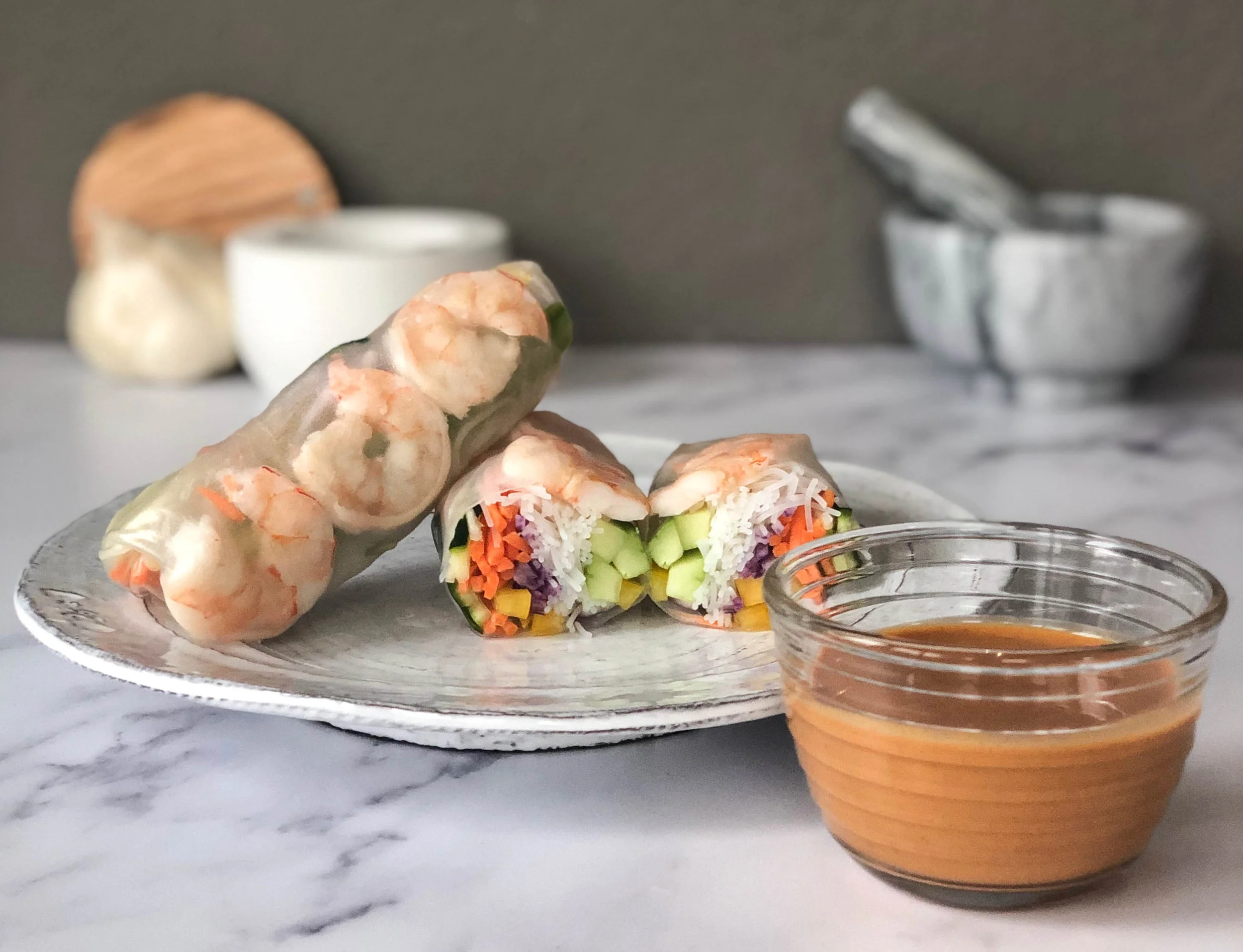 Shrimp & Veggie Spring Rolls with Spicy Gochujang Peanut Sauce — Happy ...