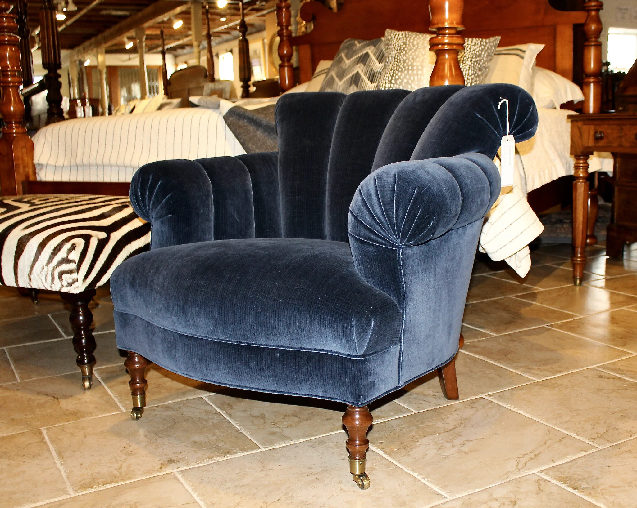 Channel Back Club Chair Upholstered in Blue Velvet — LEONARDS NEW ENGLAND