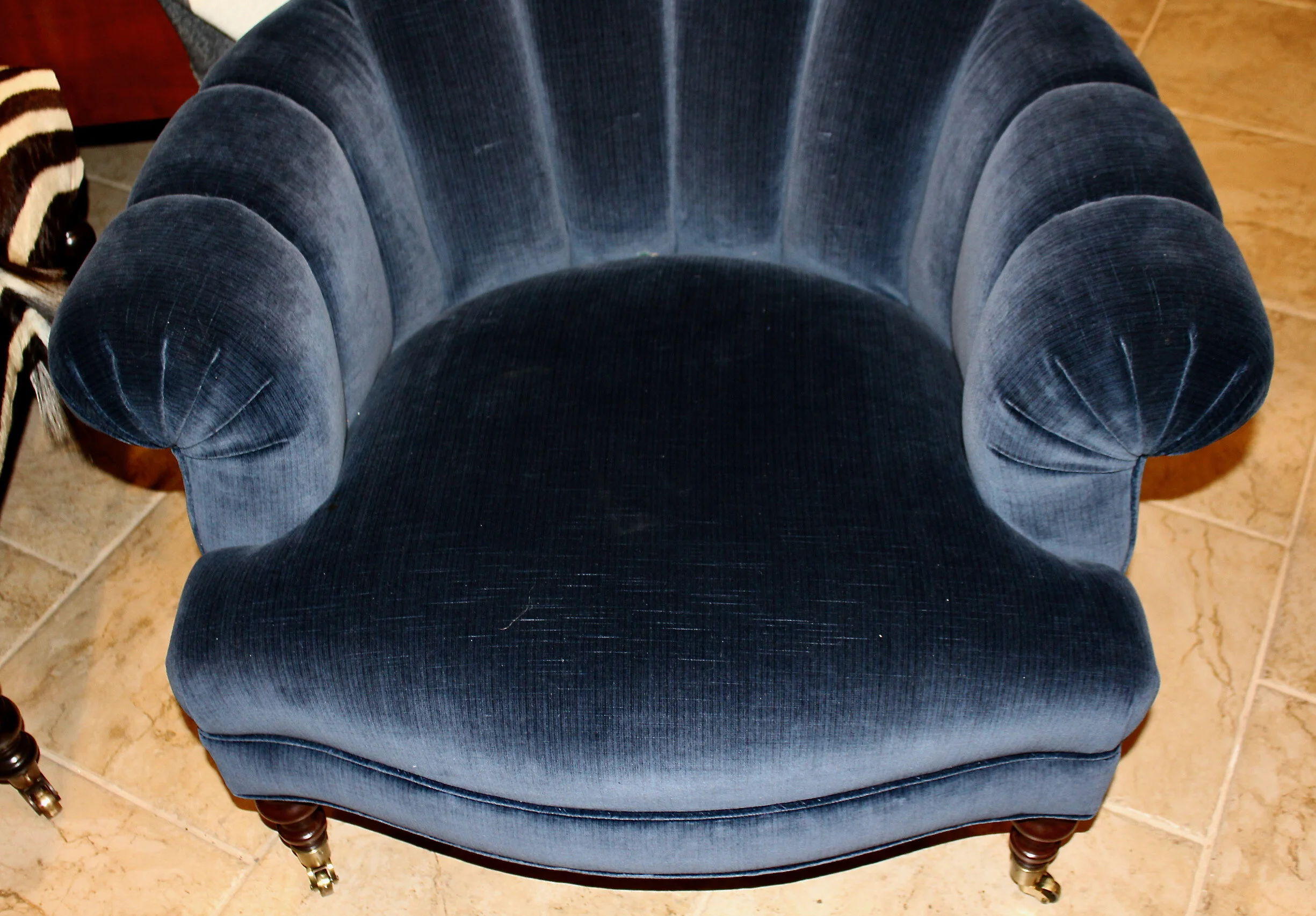 Channel Back Club Chair Upholstered in Blue Velvet — LEONARDS NEW ENGLAND