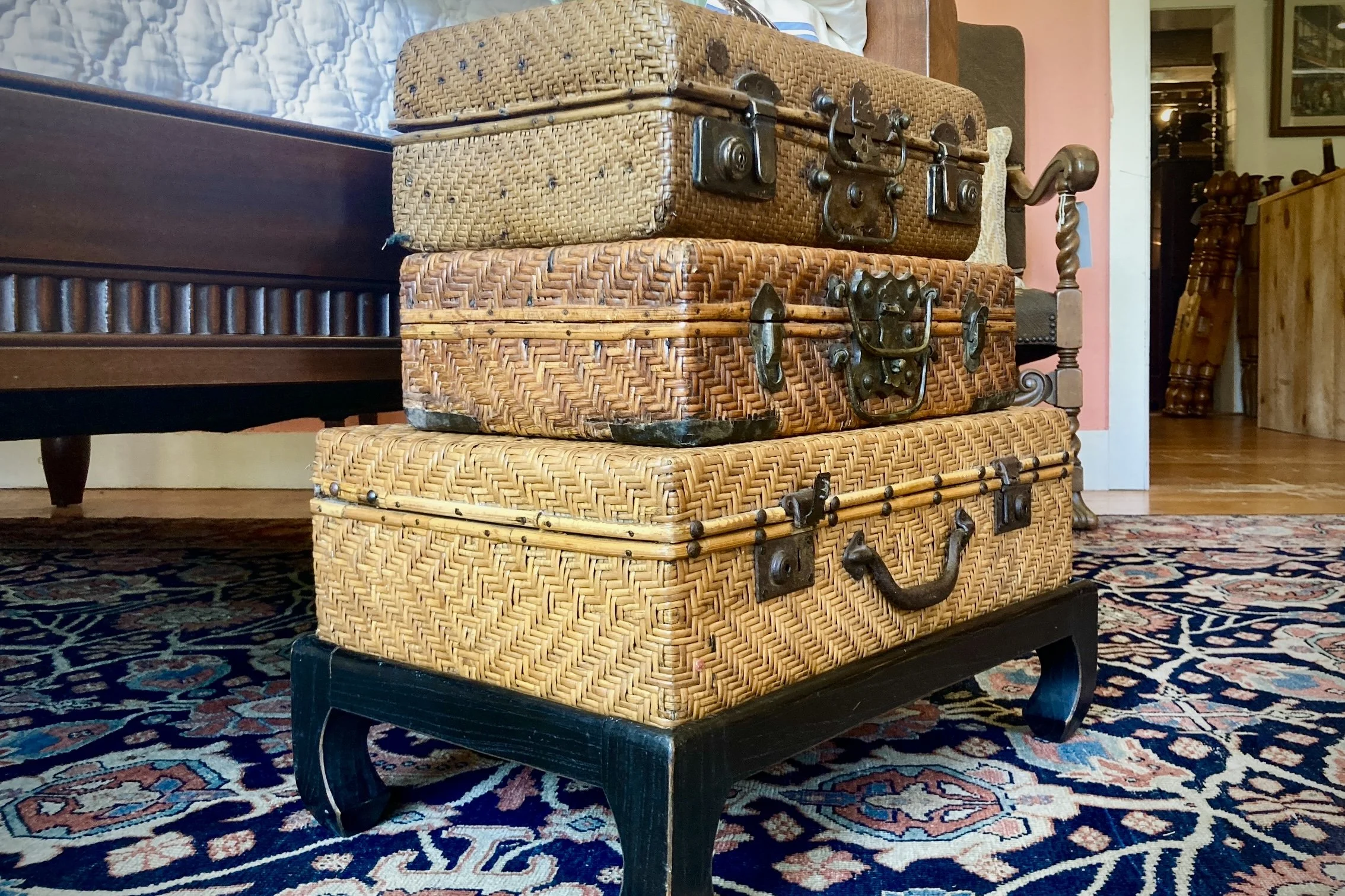 SKU: SA061322S Collection of 3 Rattan Suitcases on Custom Stand ...
