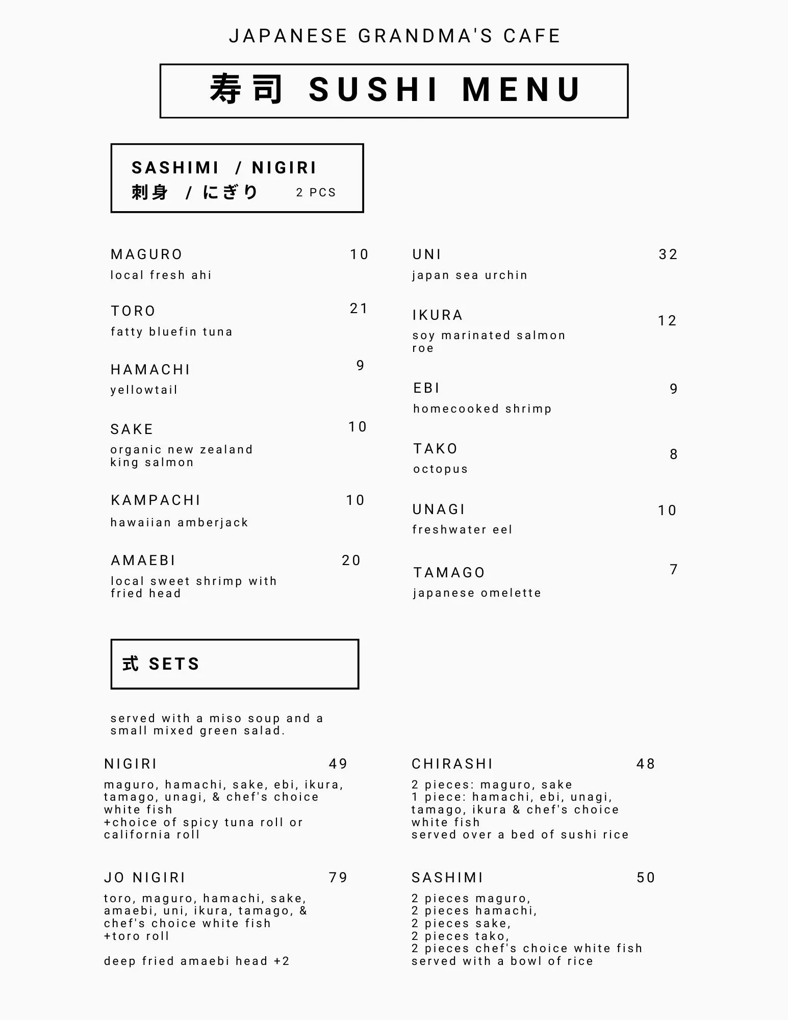Menu — Japanese Grandma's cafe