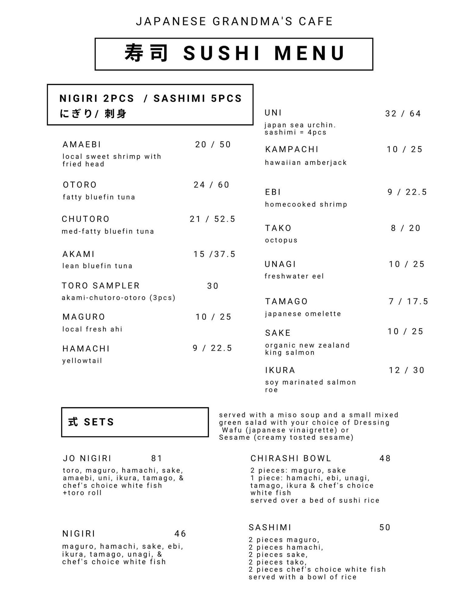 Menu — Japanese Grandma's cafe