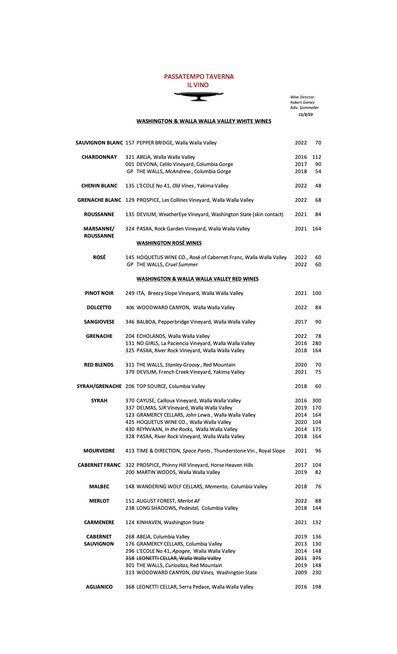 Wine & Cocktail Menu — Passatempo Taverna