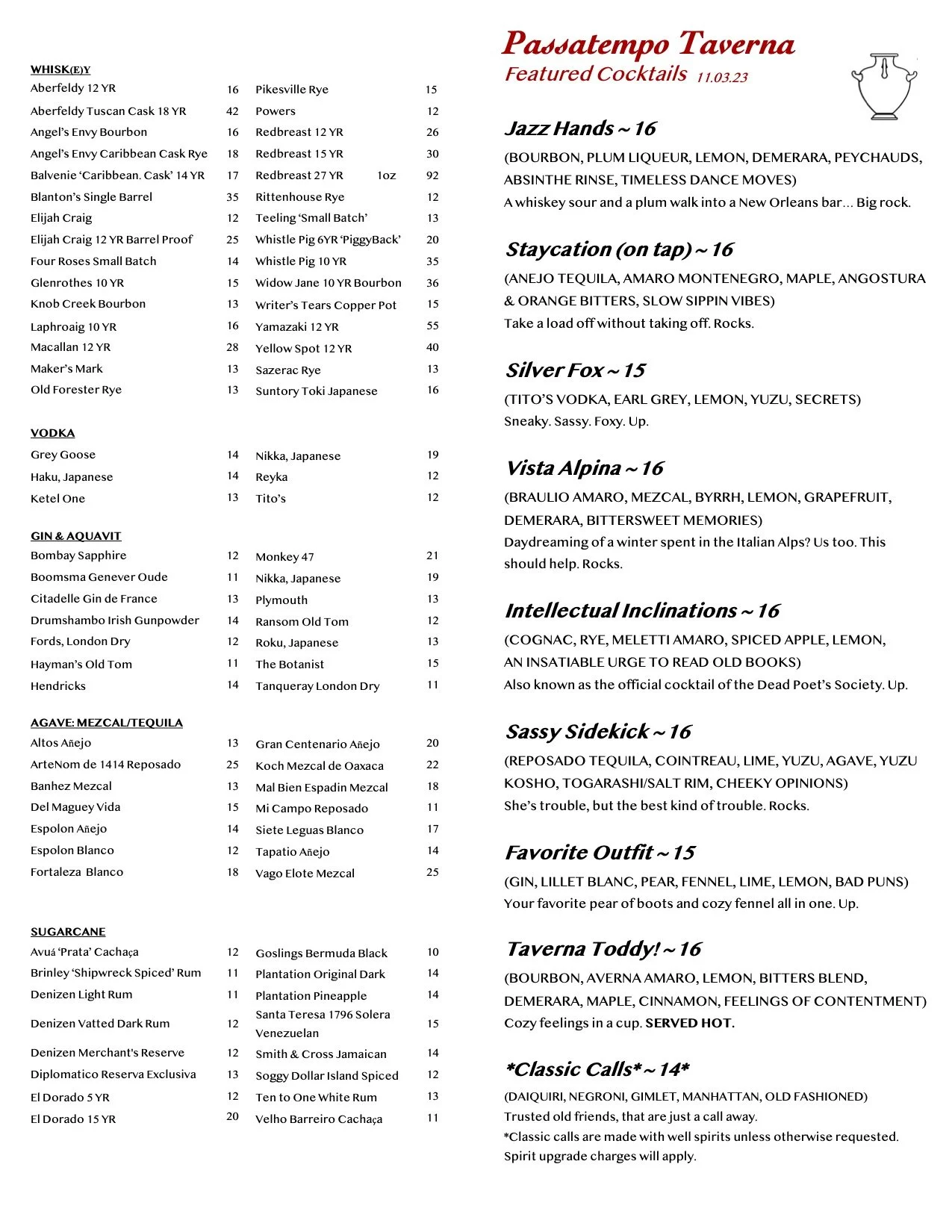 Wine & Cocktail Menu — Passatempo Taverna
