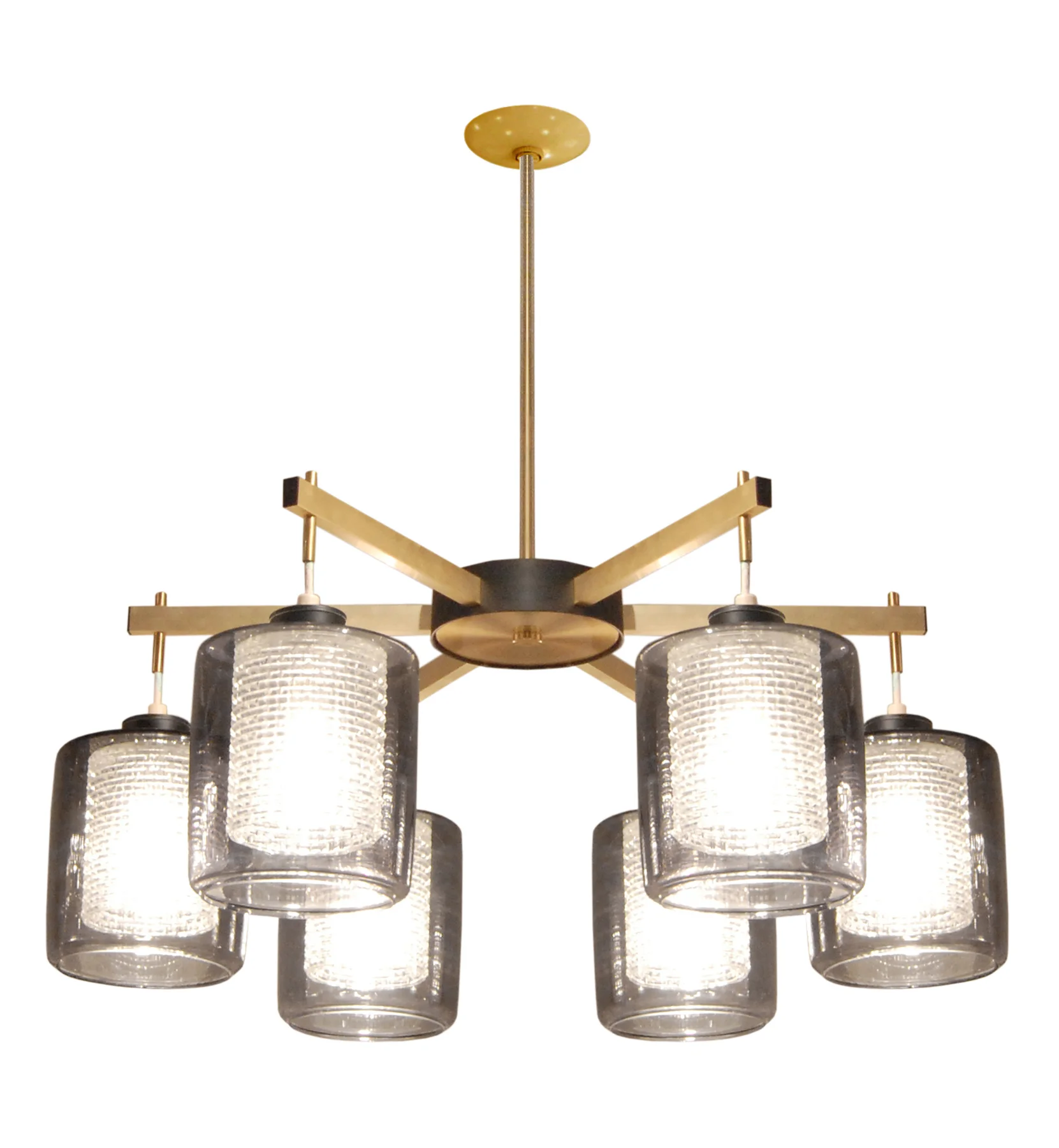 Lightolier Chandelier In Brass With Textured Diffusers And Smoked Glass ...