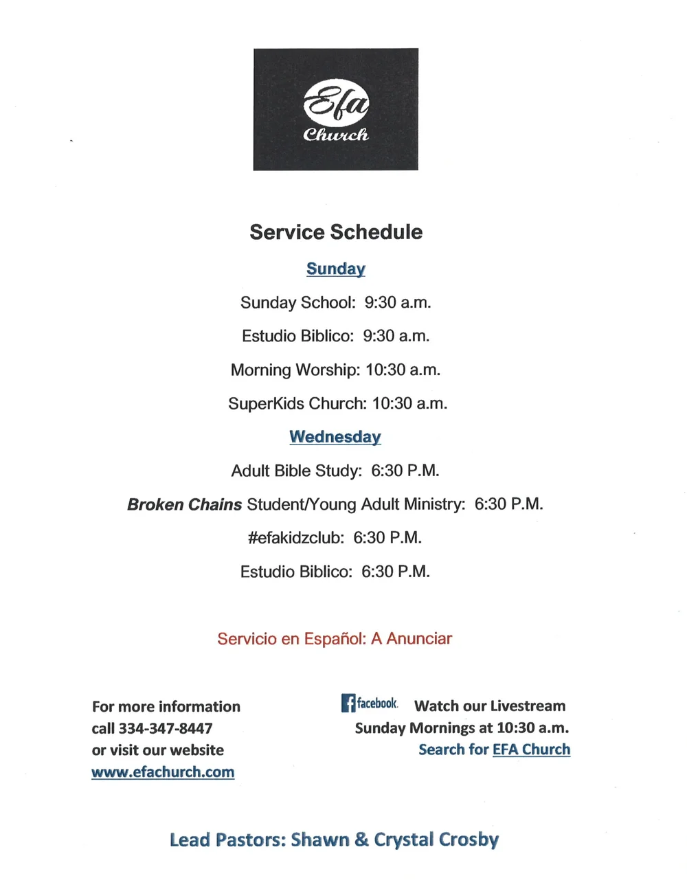 Service Schedule — EFA Church