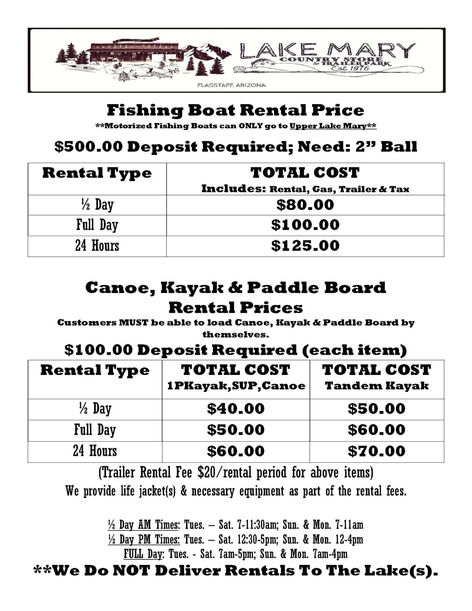 Boat Rentals & Fishing Gear — Lake Mary Country Store, Trailer Park ...