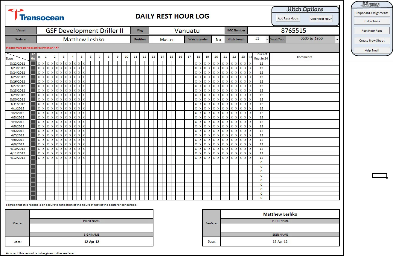 STCW Rest Hours Log Matthew Leshko